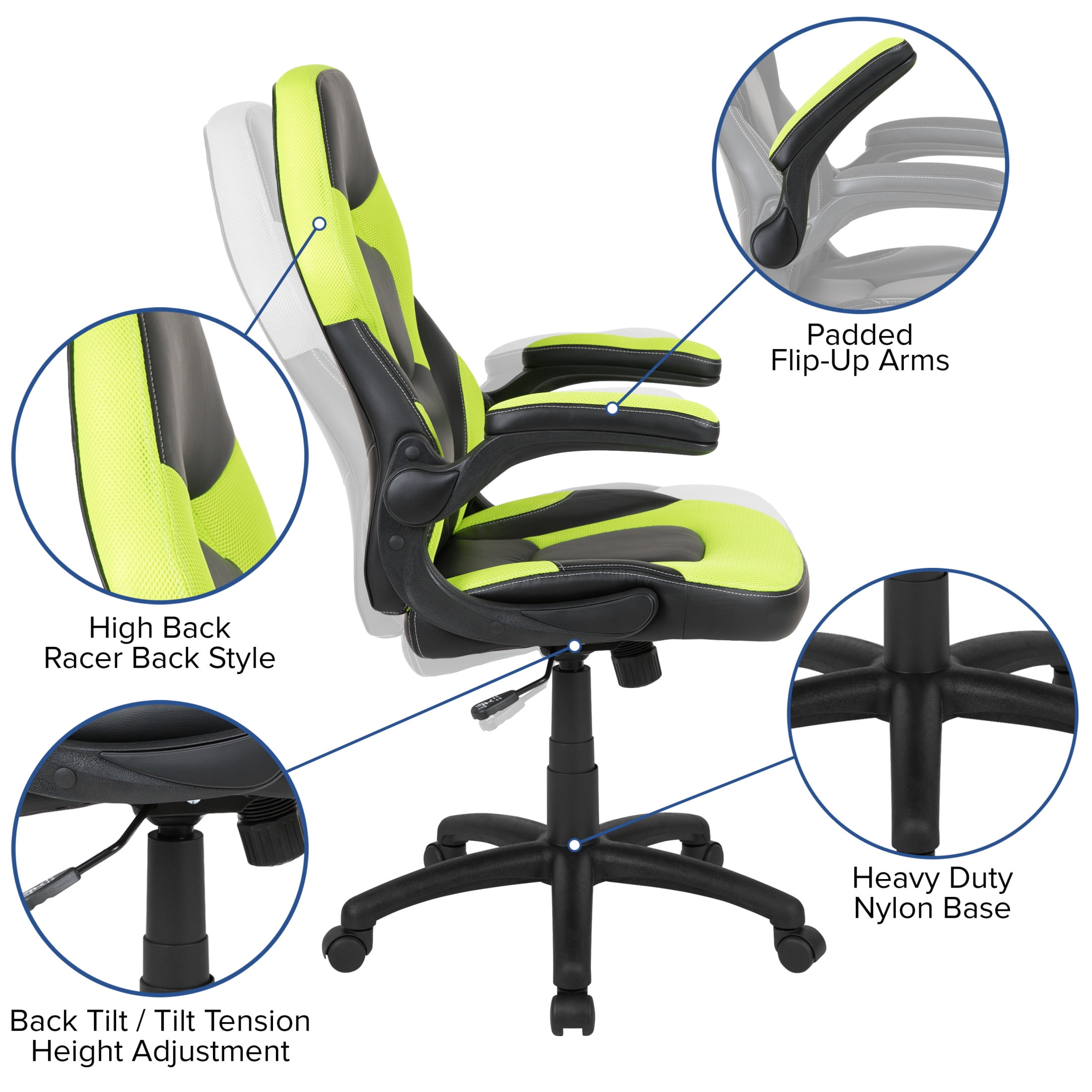 Free Shipping Flash Furniture X10 Gaming Chair Racing Office Ergonomic Computer PC Adjustable Swivel Chair with Flip up Arms Neon Green Black LeatherSoft Walmart