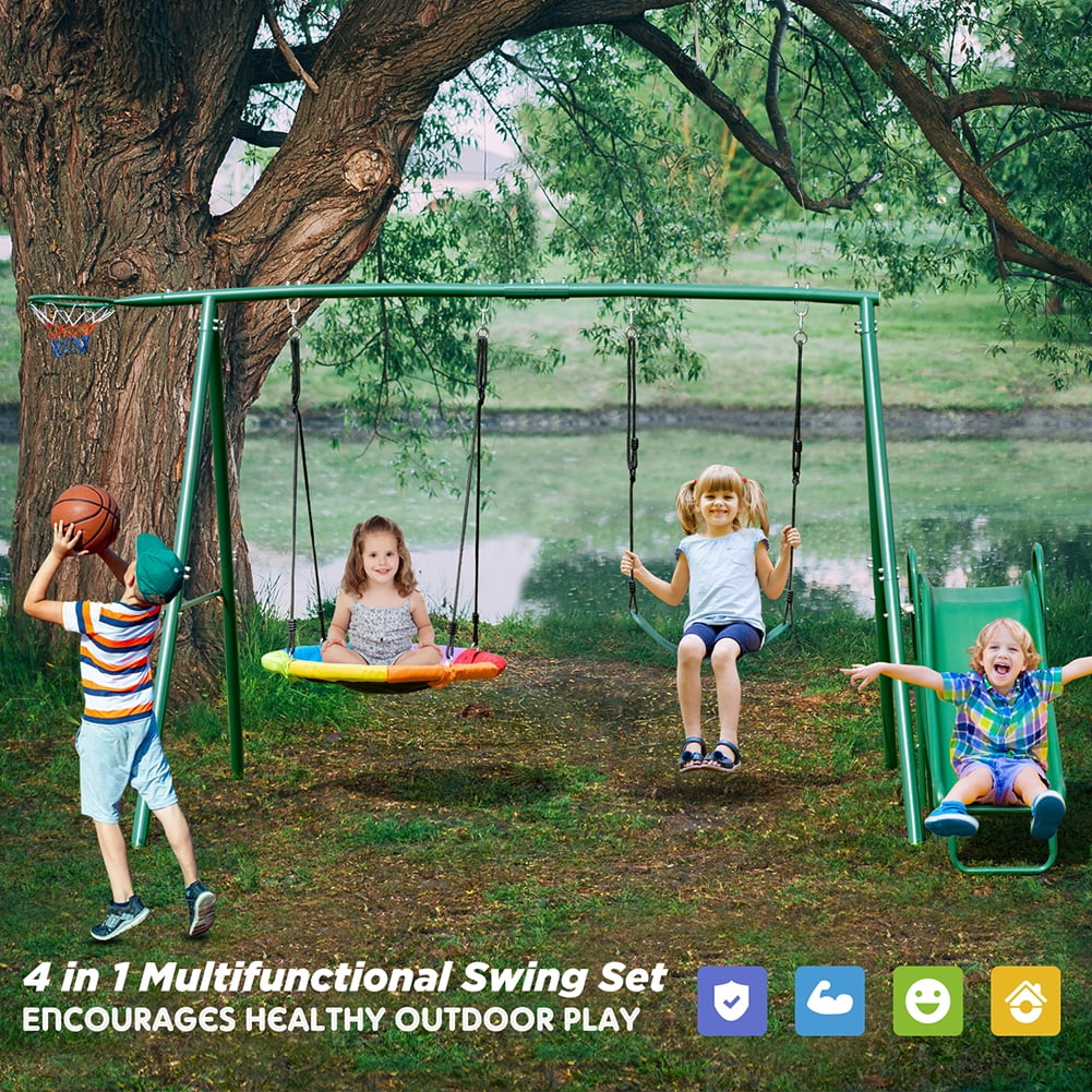 Hapfan Metal Swing Set with Saucer Swing, Belt Swing Seat, Slide ...