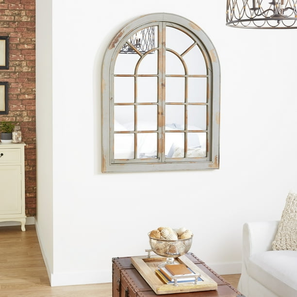 DecMode 37" x 48" Gray Window Pane Inspired Wall Mirror with Arched Top ...