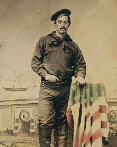 Print: Civil War Sailor In Union Uniform, American Flag, Naval Scene ...
