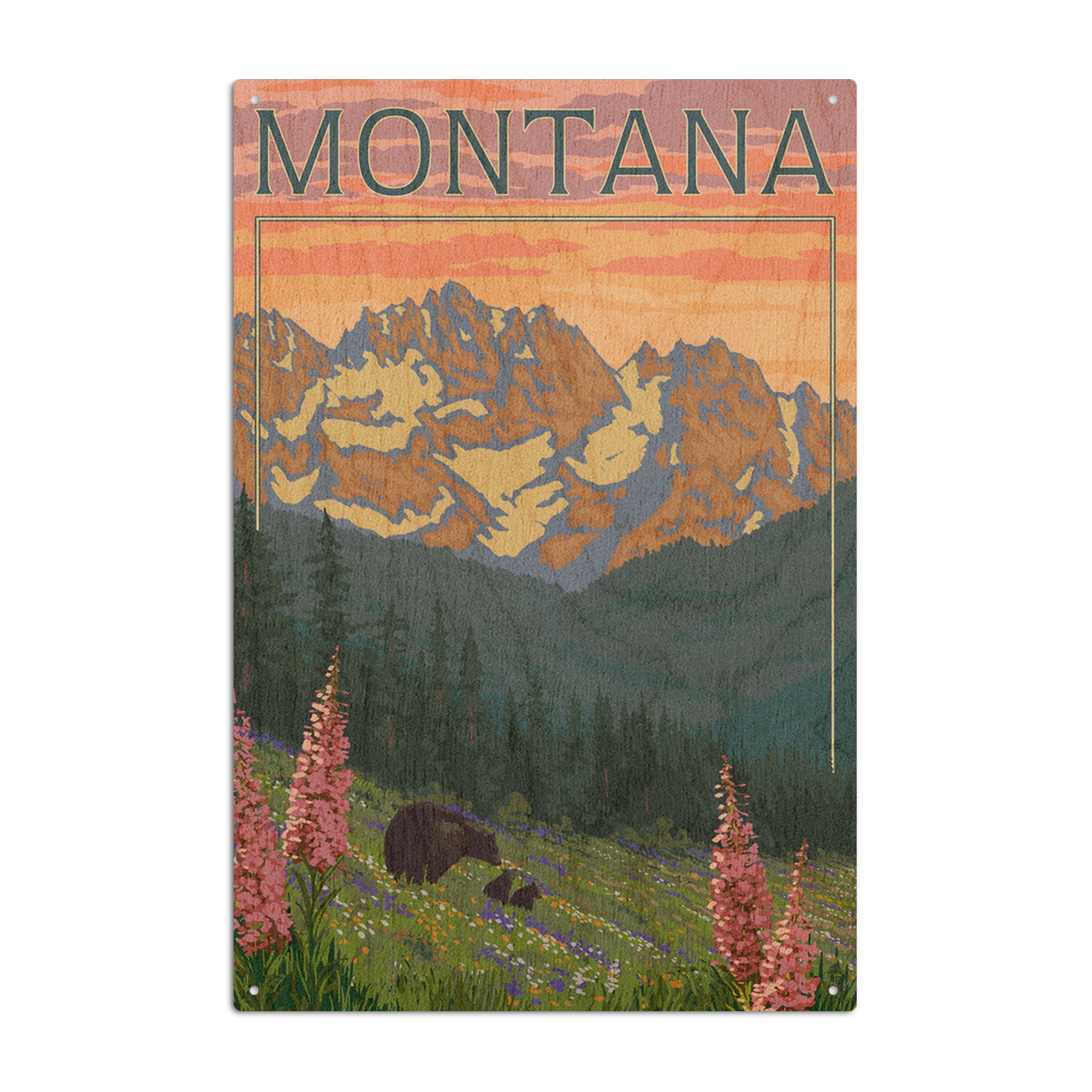 Montana, Bear Family and Spring Flowers Birch Wood Wall Sign (6x9 ...