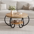 30" Round Oak Farmhouse Coffee Table with Storage Shelf, 2-Tier Rustic ...