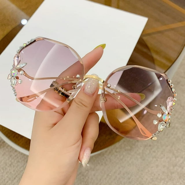 Sunglasses For Women Oversized Rimless Diamond Cutting Lens Classic
