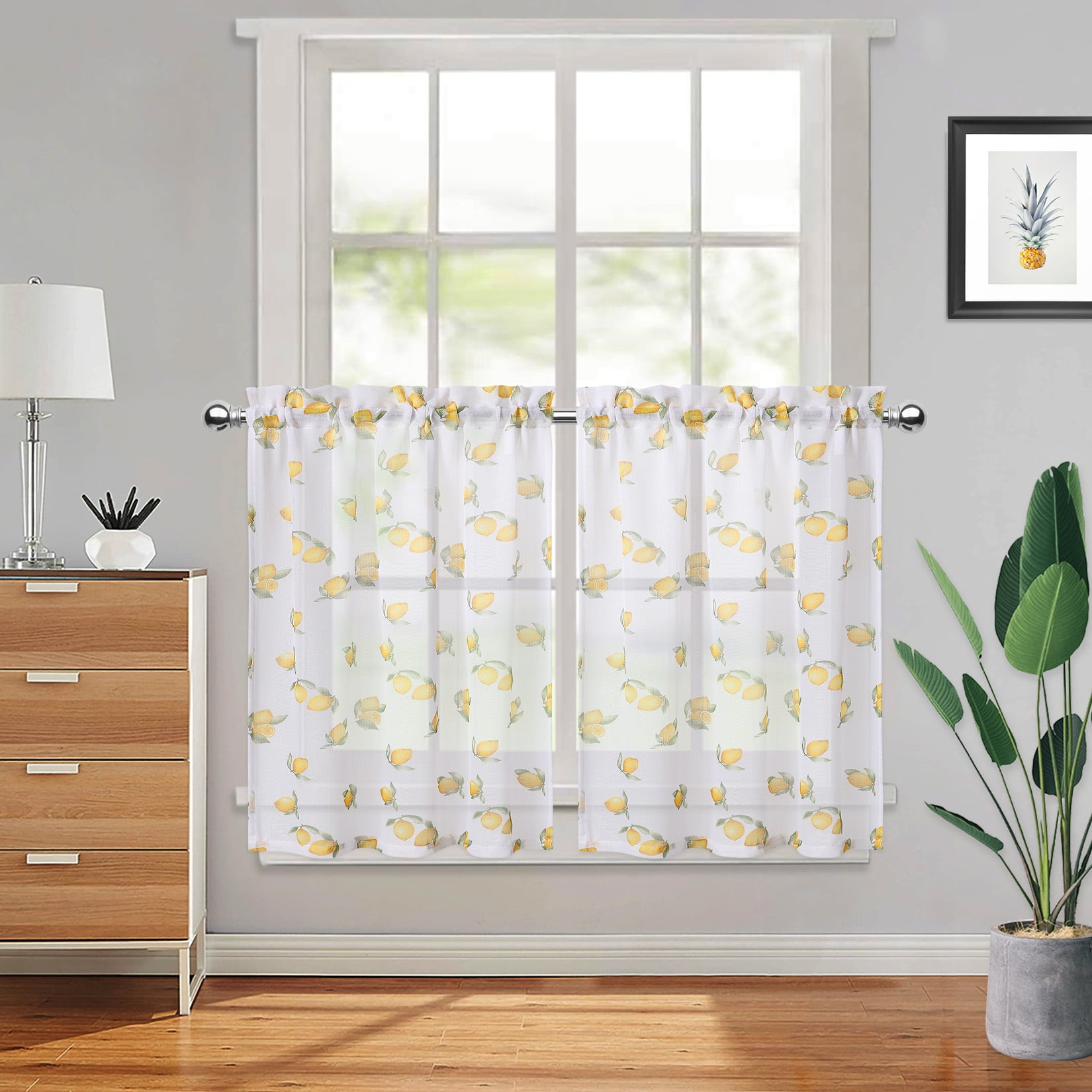 2 Panels Semi Sheer Voile Tier Curtains, Linen Floral Printed Rod ...