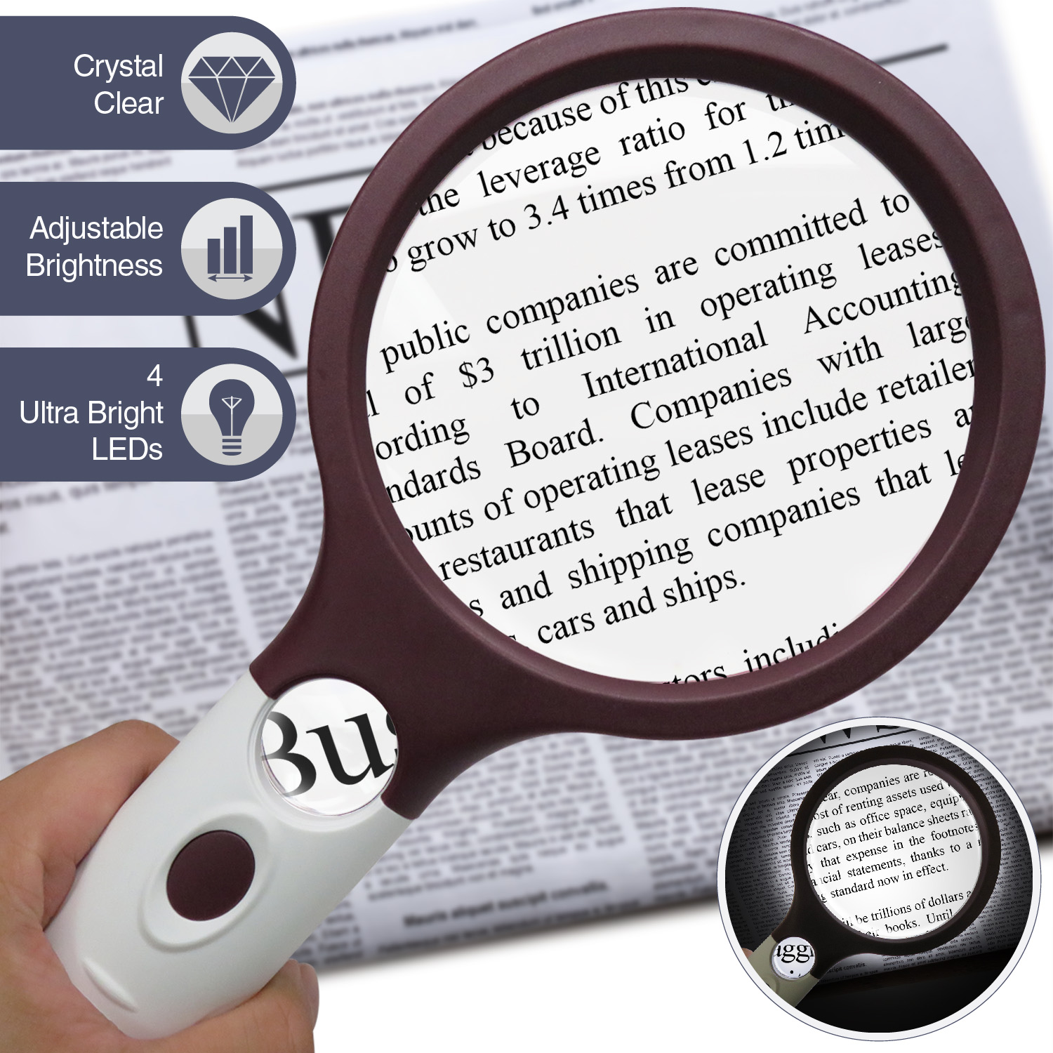 Extra Large 4X Magnifying Glass With 4 Ultra Bright LED Lights 25X 