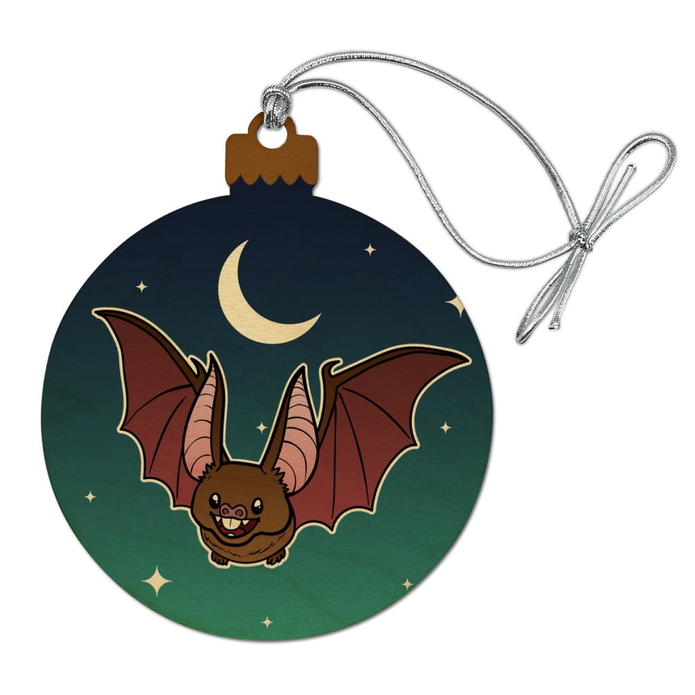 Cute Bat Cartoon Flying at Night Wood Christmas Tree Holiday Ornament ...