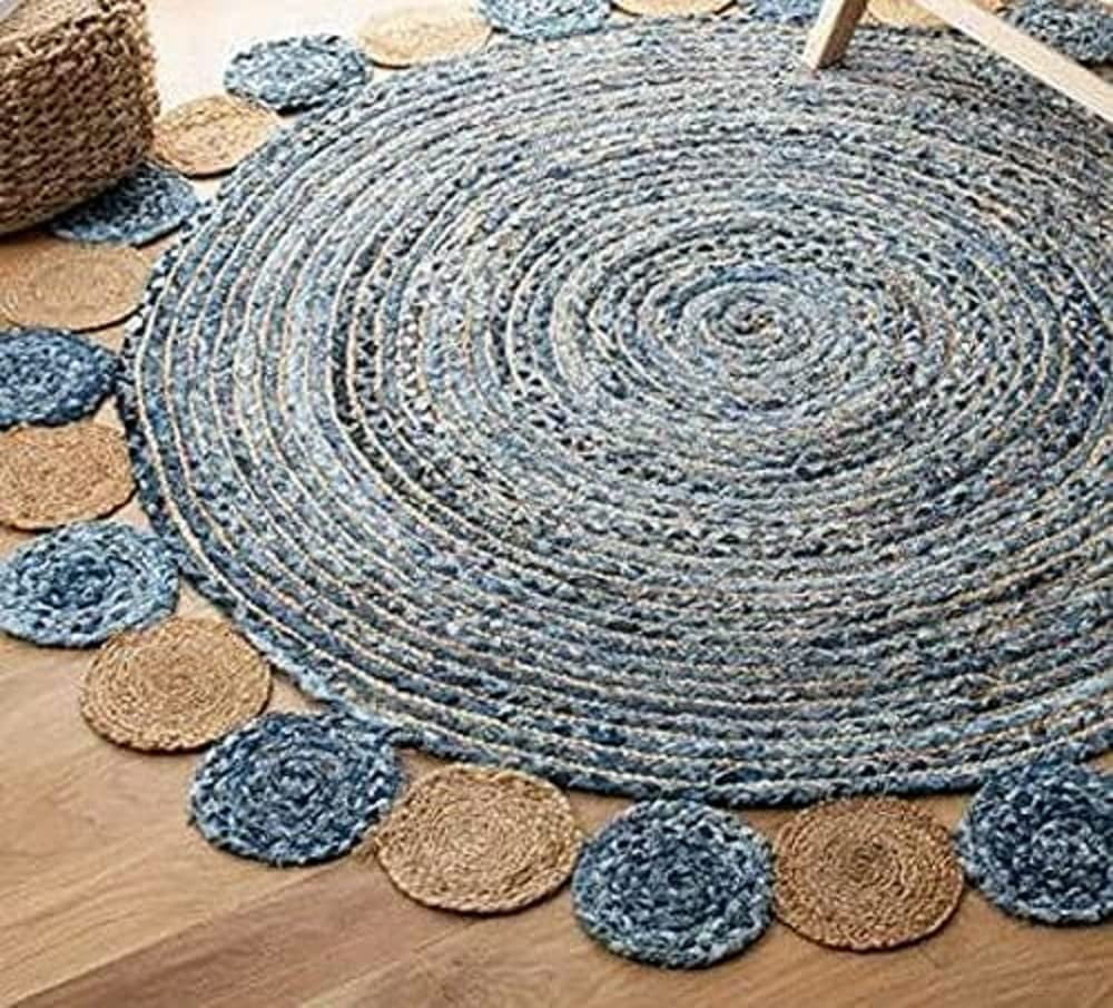 KH Handloom Handmade Hand Braided Natural Jute and Denim Carpet for Living Room, Jute Round ...