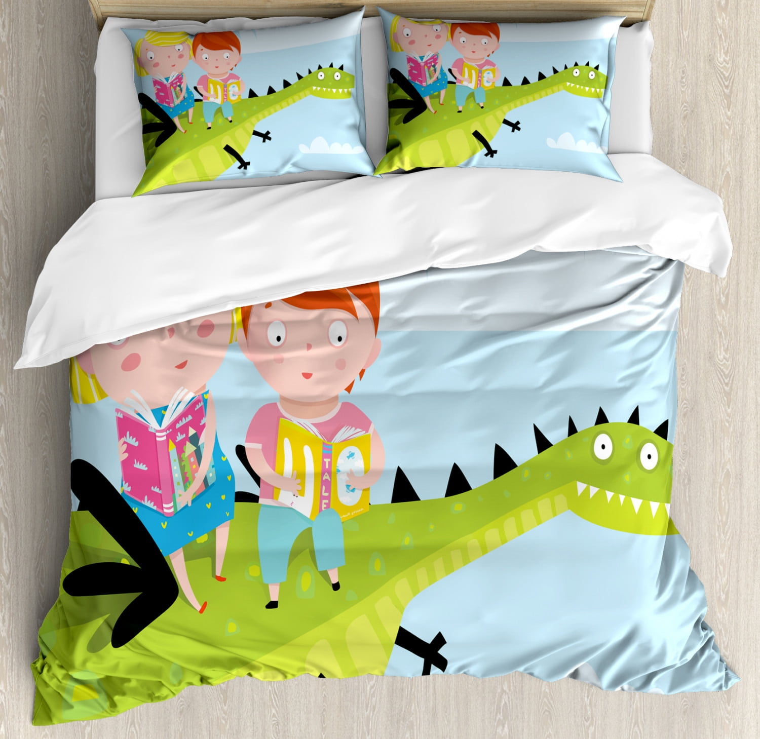 Dragon Duvet Cover Set King Size, Cute Boy and Girl Sitting and Reading ...