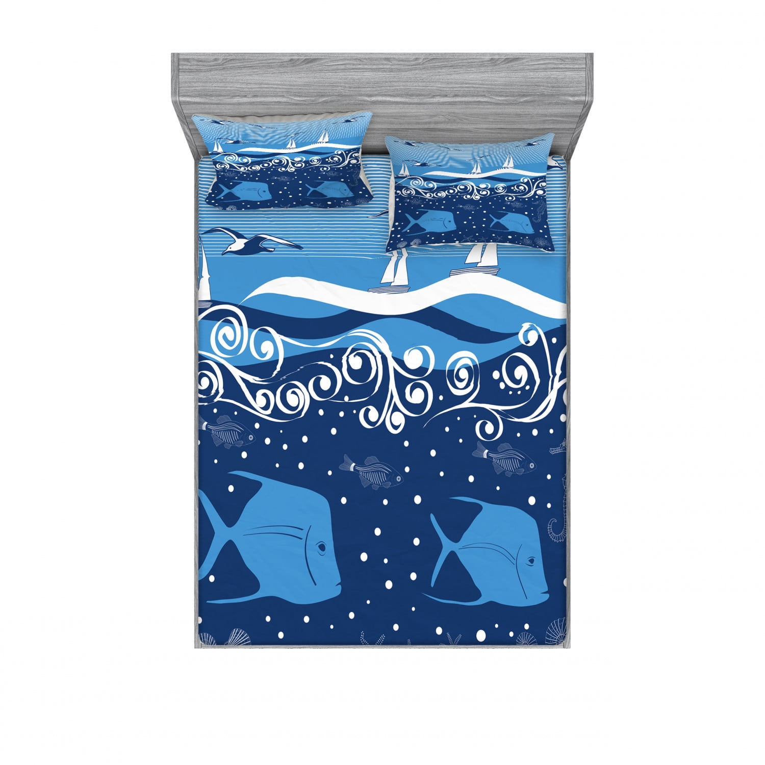 Seagulls Bedding Set with Sheet & Covers, Underwater Illustration ...