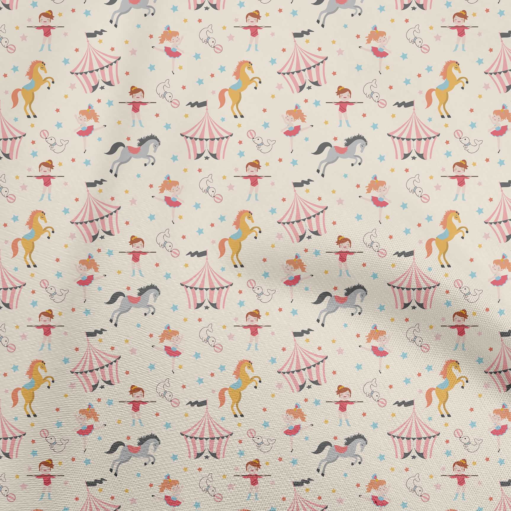 oneOone Cotton Cambric Beige Fabric Circus Fabric For Sewing Printed ...