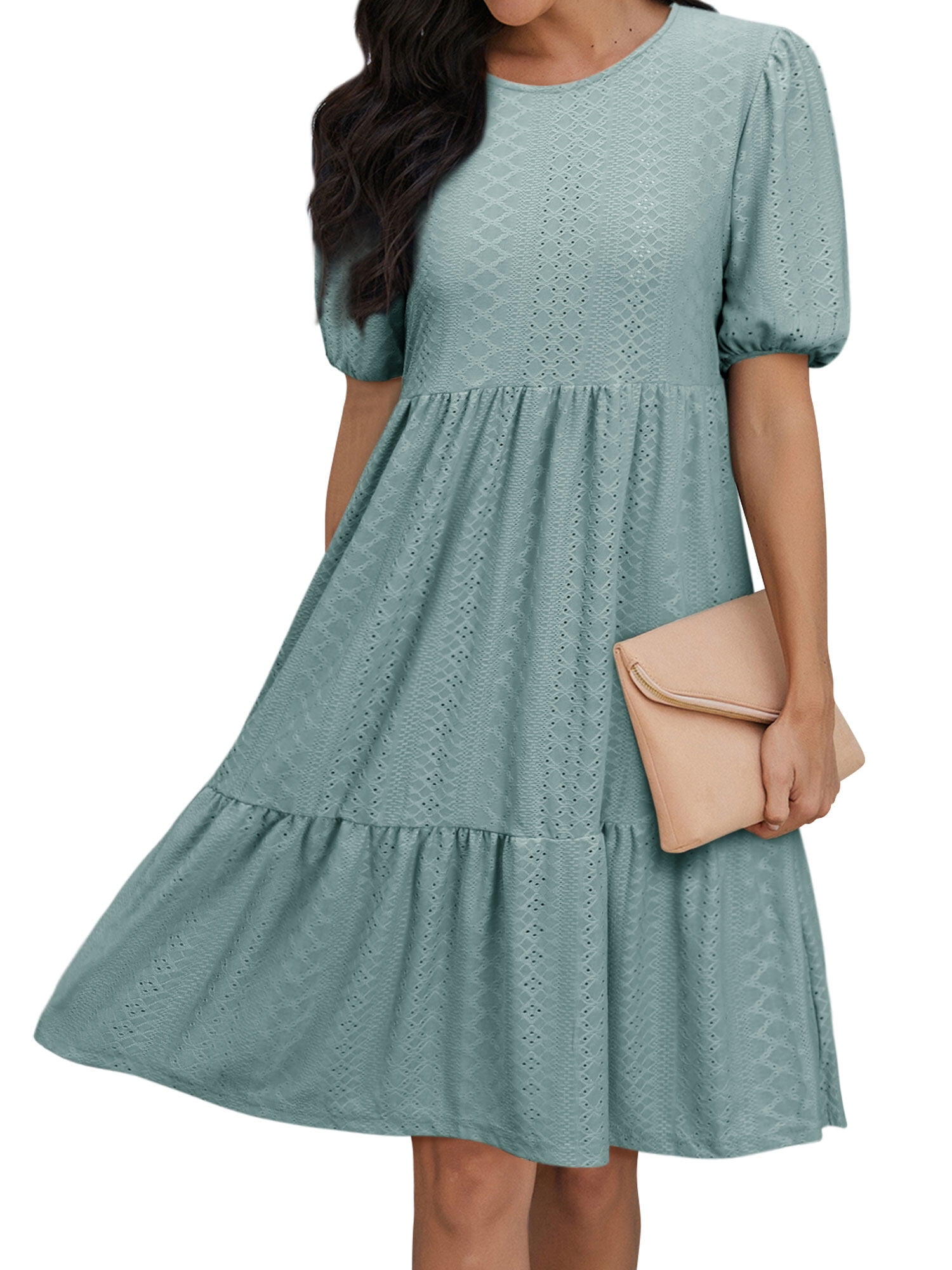 HUBERY Women Crew Neck Short Puff Sleeve Ruffled Keyhole Back Midi ...