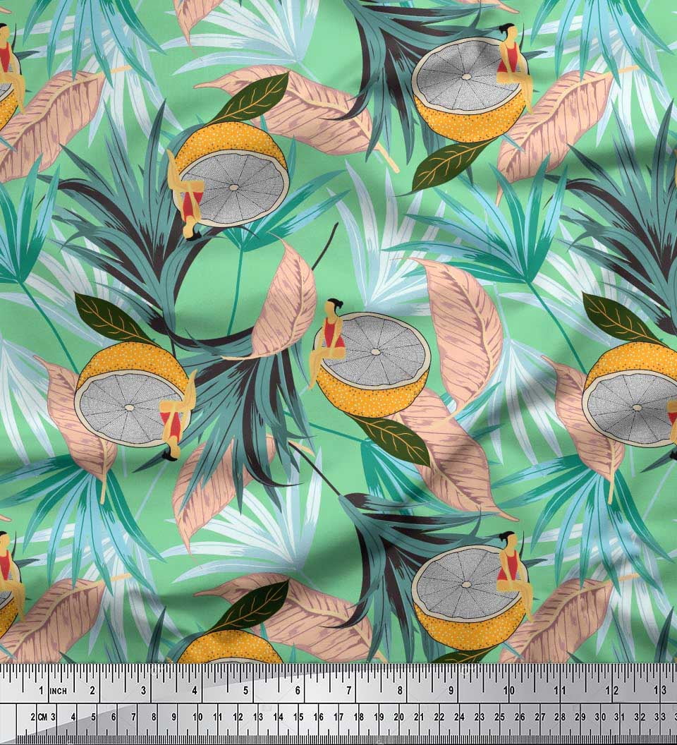 Soimoi Green Satin Silk Fabric Tropical Leaves,Girl & Lemon Slice ...