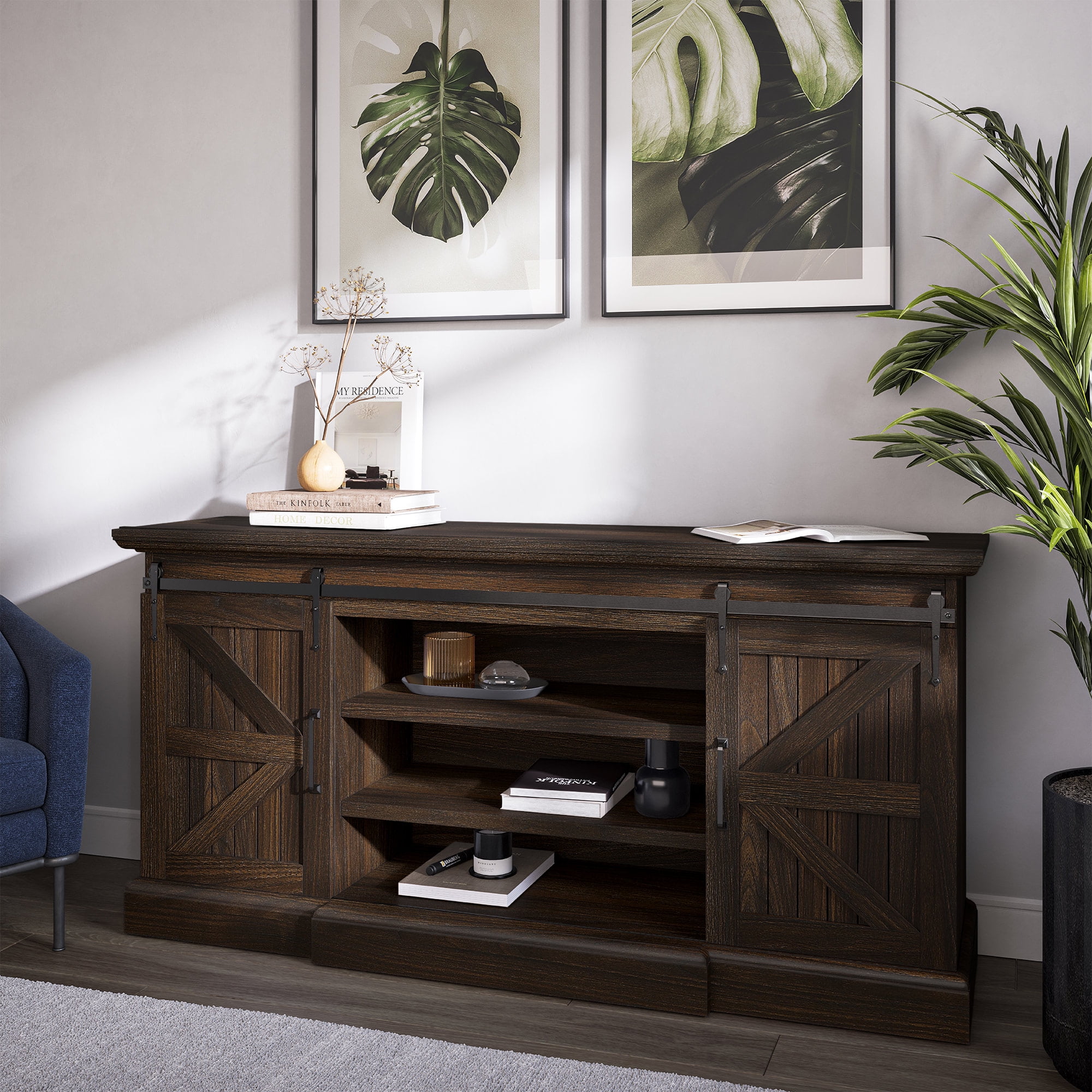 BELLEZE Modern Farmhouse TV Stand - Ashford (Dark Walnut) - Walmart.com