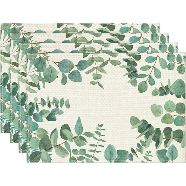 Eucalyptus Leaves Placemats for Dining Table Set of 4, Spring Summer Seasonal Decoration Rustic ...