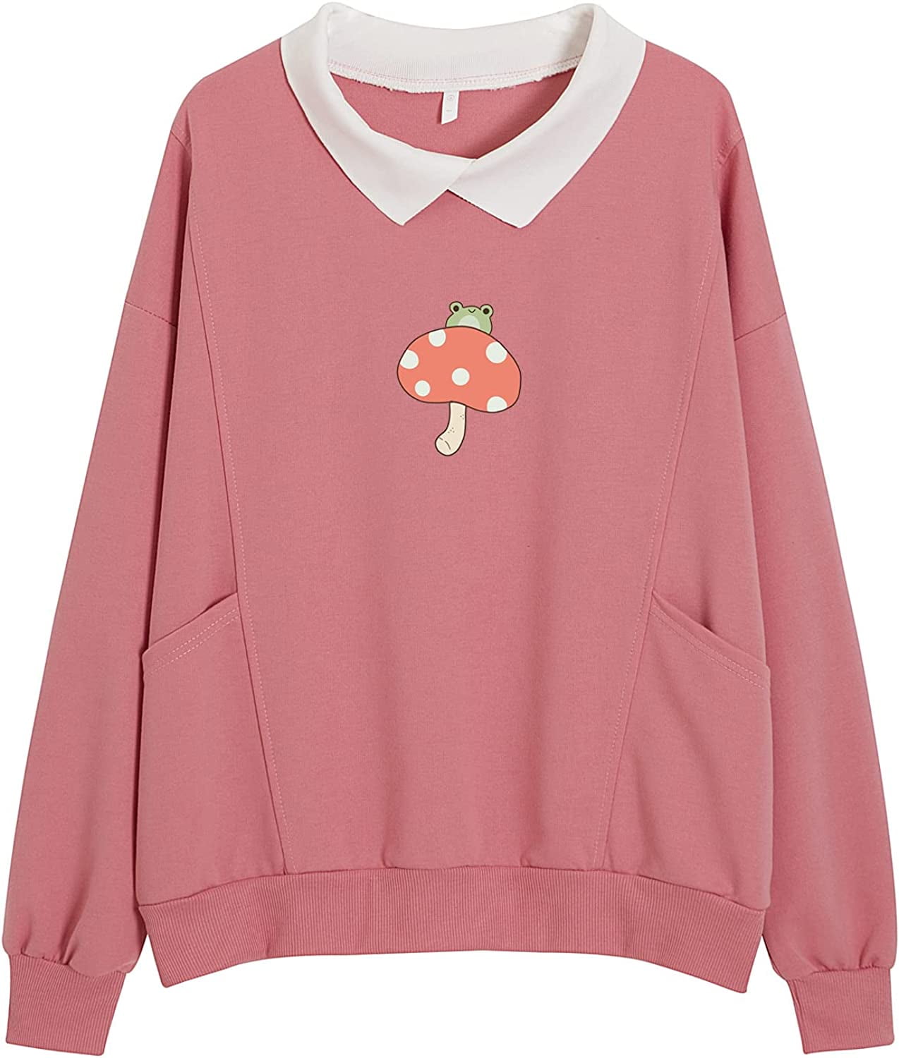 Kiekiecoo Cute Mushroom Frog Print Collar Sweatshirt For Women Kawaii