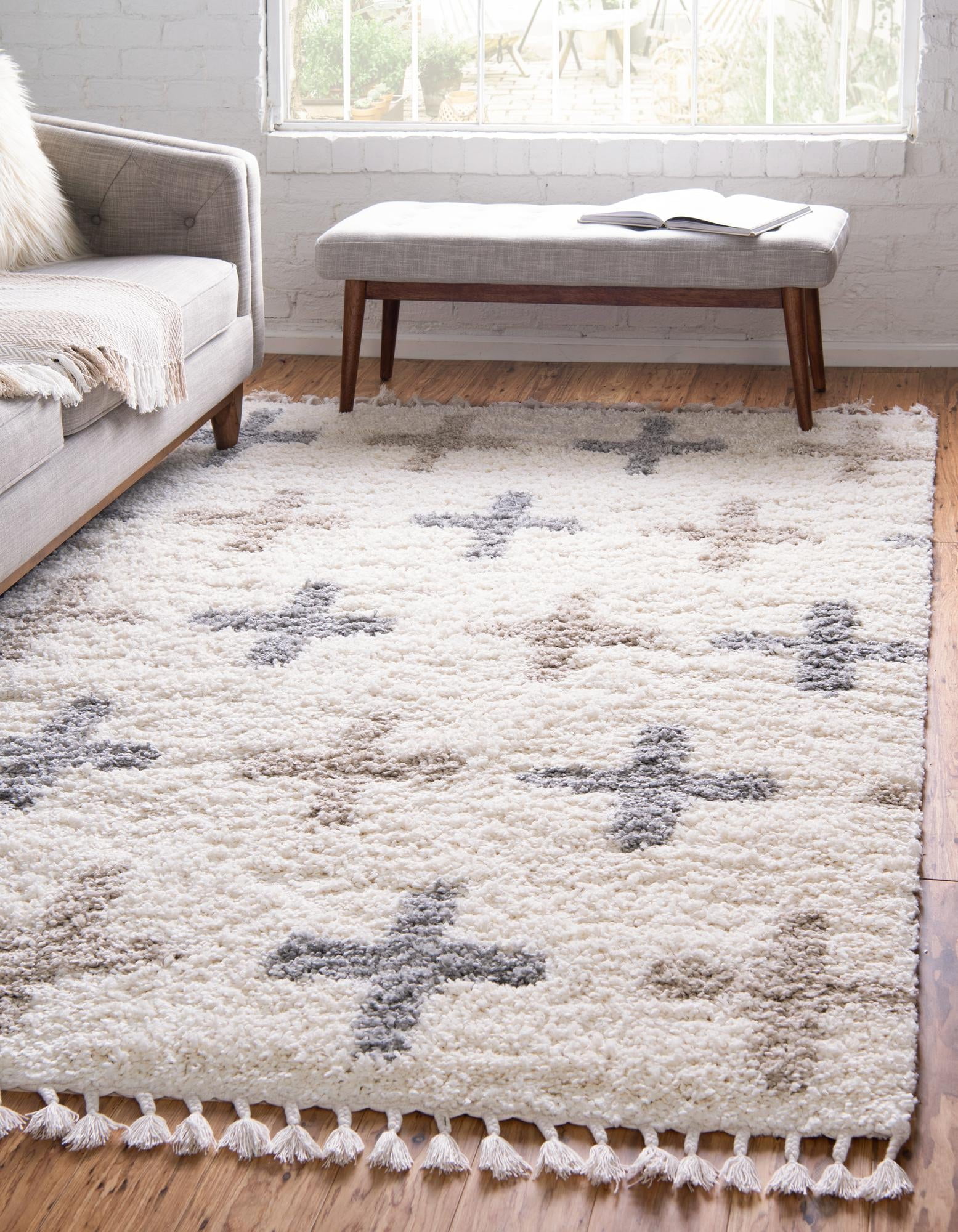 Rugs.com Athena Shag Collection Rug – 8' x 10' Ivory Shag Rug Perfect ...
