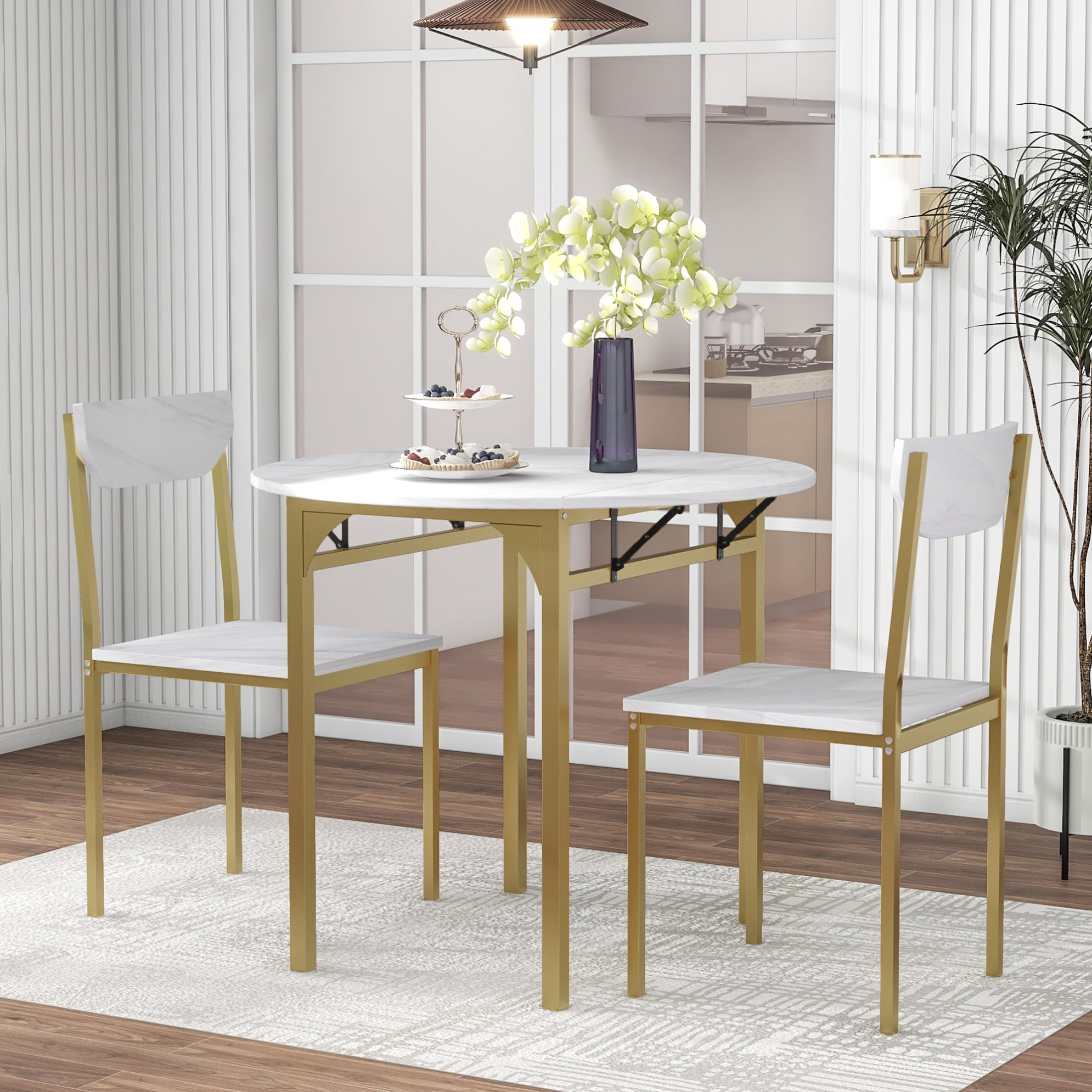 3-Piece Dining Table Set,Modern Round Dining Table with Drop Leaf and 2 ...
