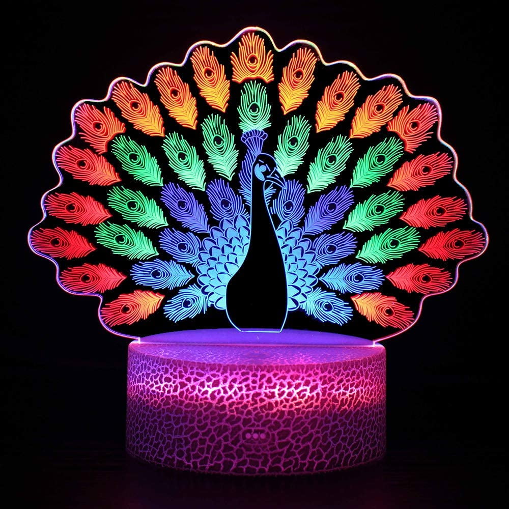 YSITIAN 3D Night Light Peacock Illusion Lamp Creative Gift Visual Lamp ...