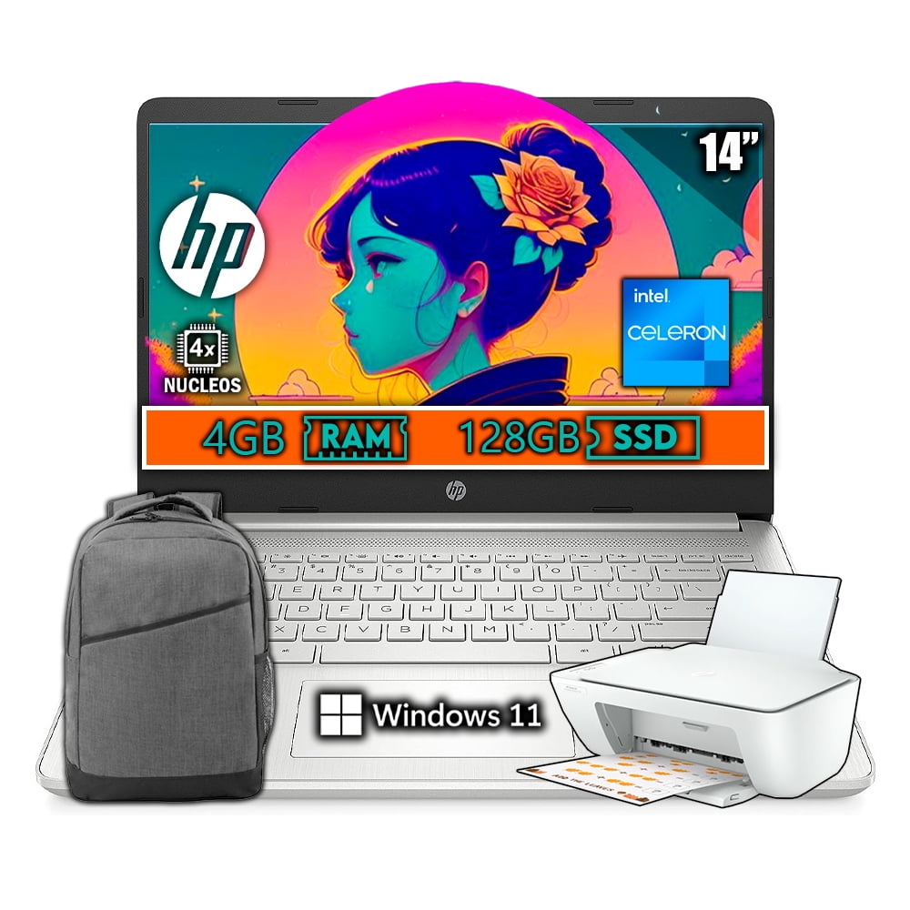 Laptop HP 14 DQ0518LA Celeron N4120 128GB 4GB más mochila e impresora - Plata HP | Bodega ...