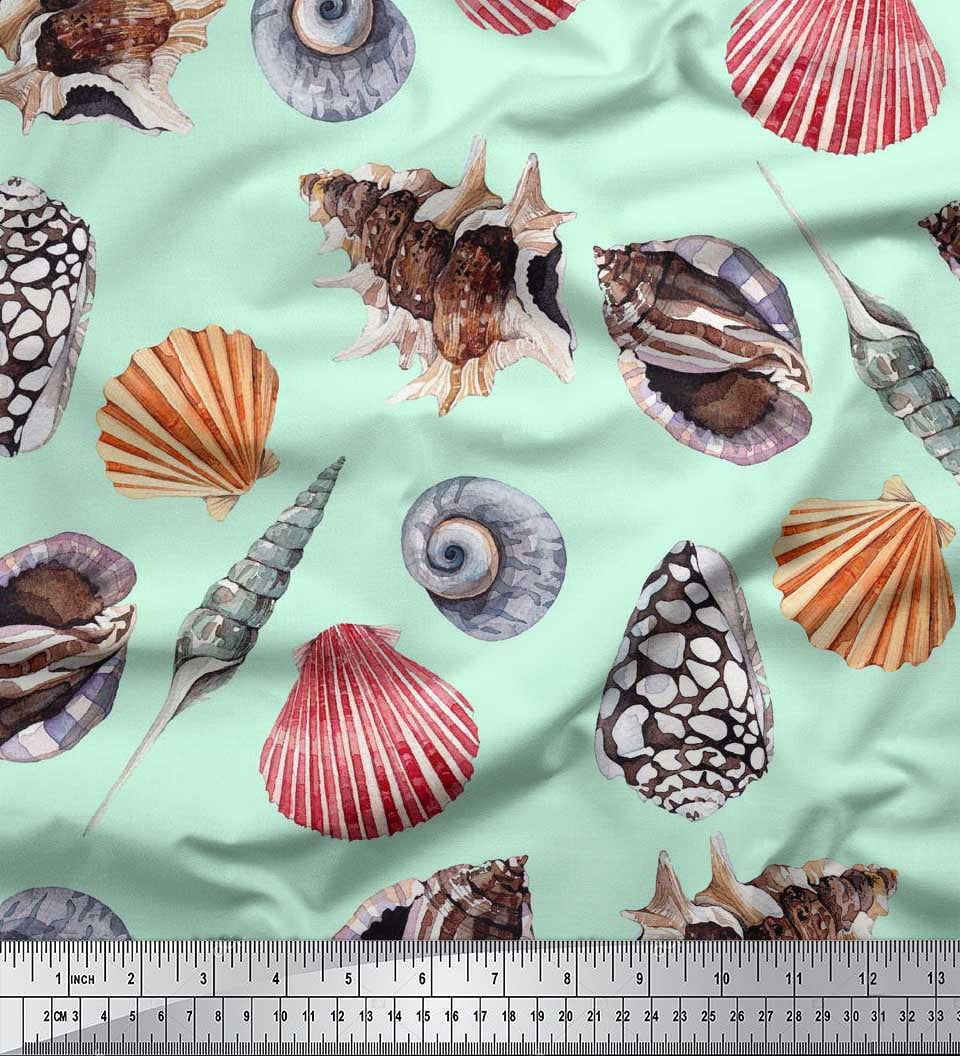 Soimoi Rayon Crepe Fabric Colorful Shells Ocean Print Fabric by the ...