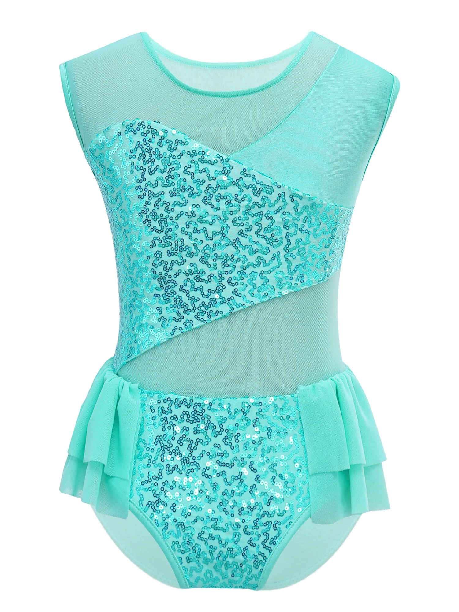 IEFIEL Girls Sleeveless Sequins Mesh Splice Skirted Leotard Unitard for ...