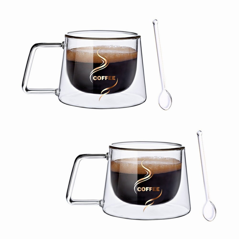 Set of 2 Clear Glass Coffee Mugs with Big Handle, Happon Double Walled ...