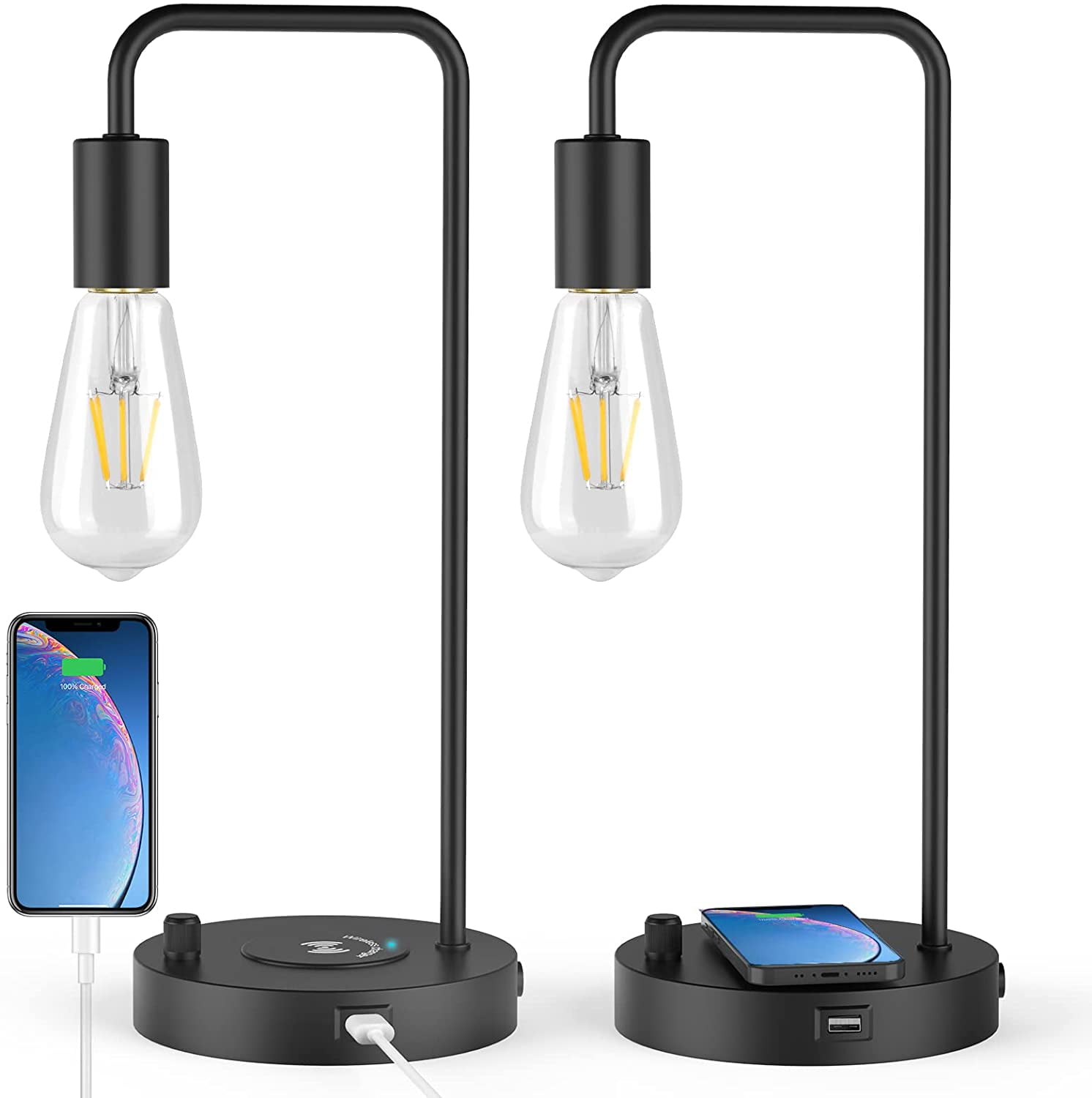 Industrial Table Lamps with USB Port Set of 2, Wireless Charging Desk ...