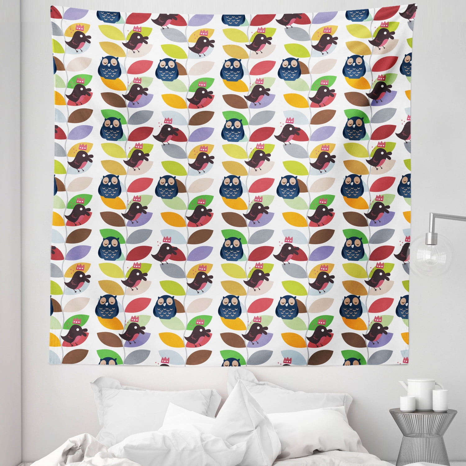 Forest Friends Tapestry, Abstract Pattern Owls and Birds with Crown on ...