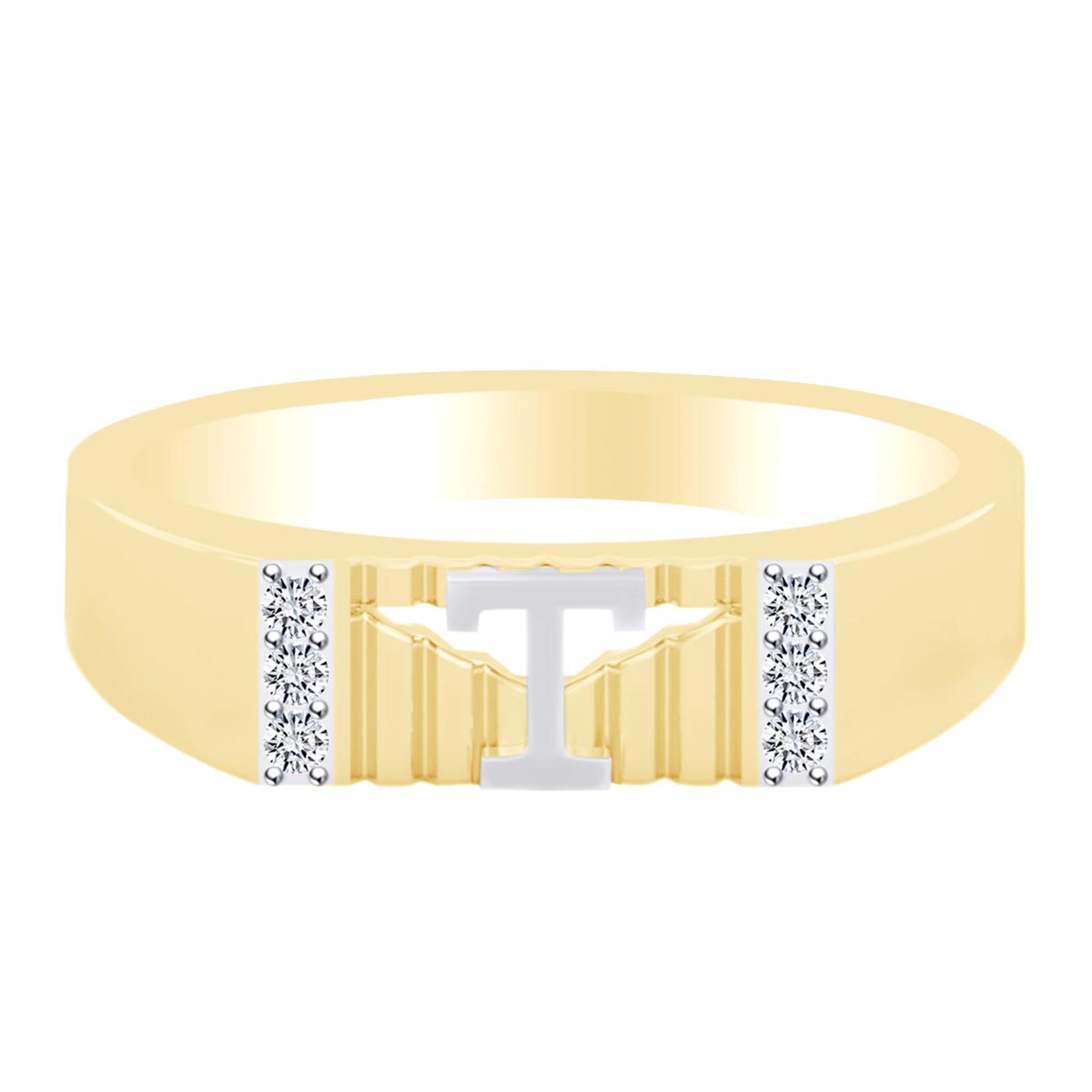 Round White Natural Diamond Accent Initial Letter "T" Two Tone Ring 14k ...