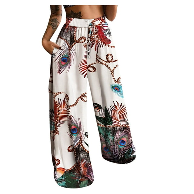 Huaai Women High Waist Printing Easy Trousers Long Pants Boho Beach