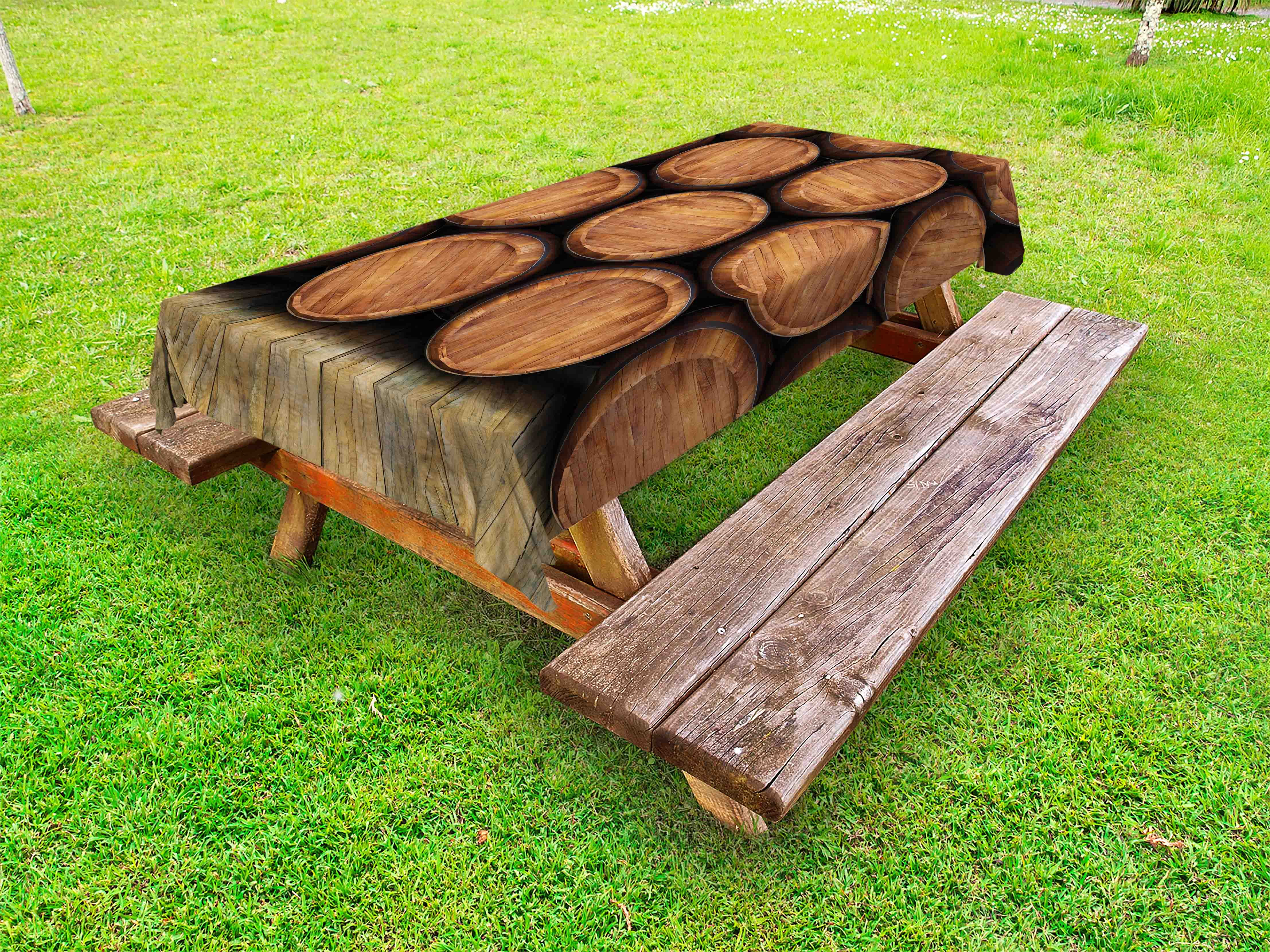 Wine Outdoor Tablecloth, Wall of Wooden Barrels Wine Stack Storage ...