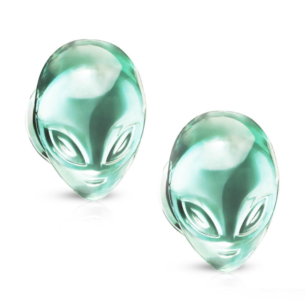 Pair of Ear Plugs / Tunnels Green Alien Face Design Pyrex Glass Double ...