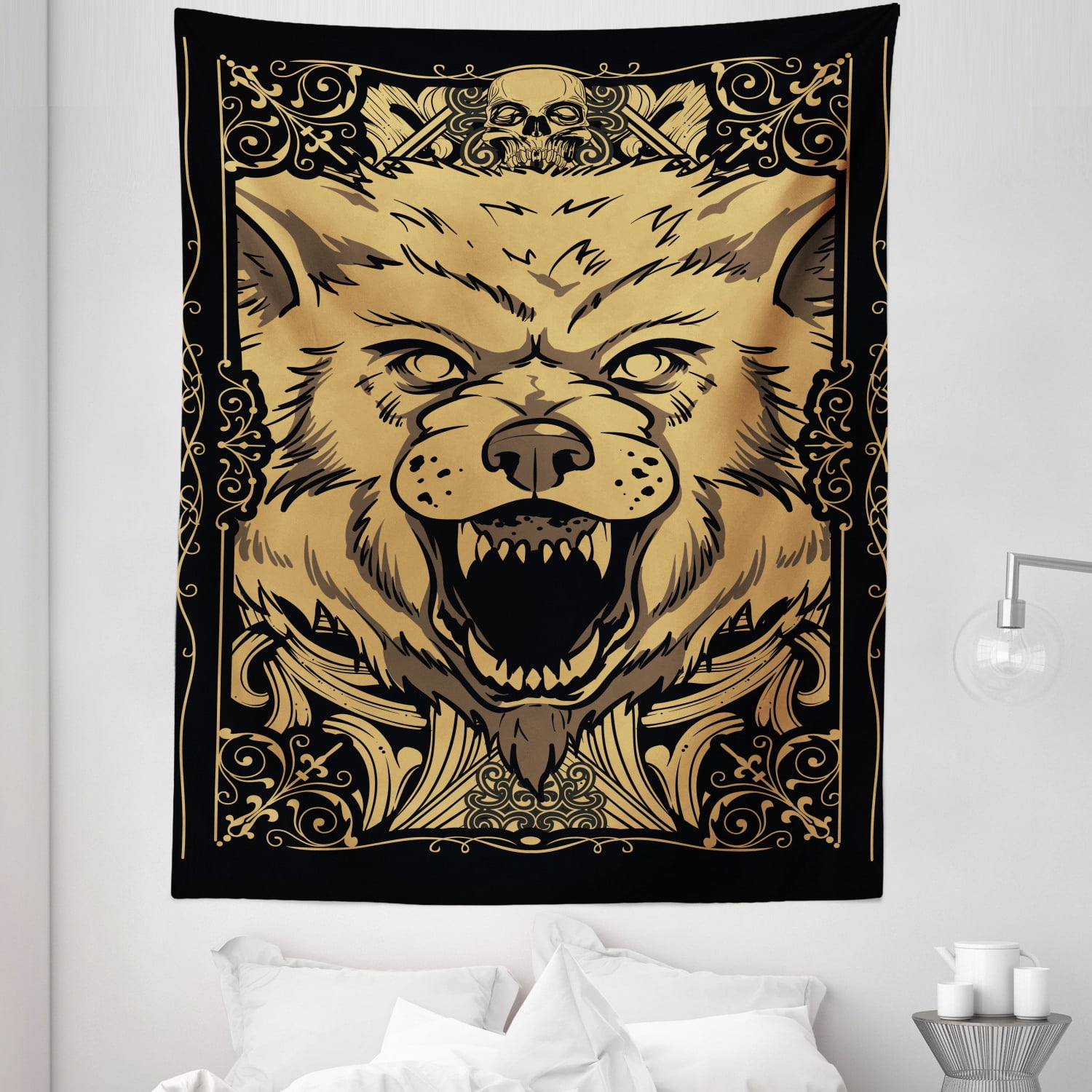 Wolf Tapestry, Angry Carnivore Animal Face with Skull Ornamental ...