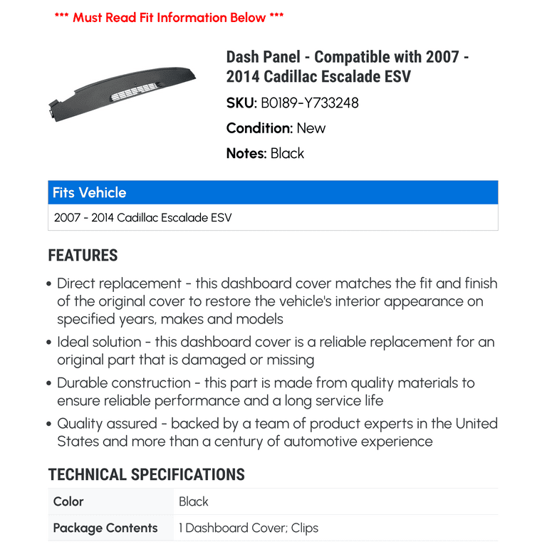 Dash Panel Compatible with 2007 2014 Cadillac Escalade ESV 2008 2009 2010 2011 2012 2013