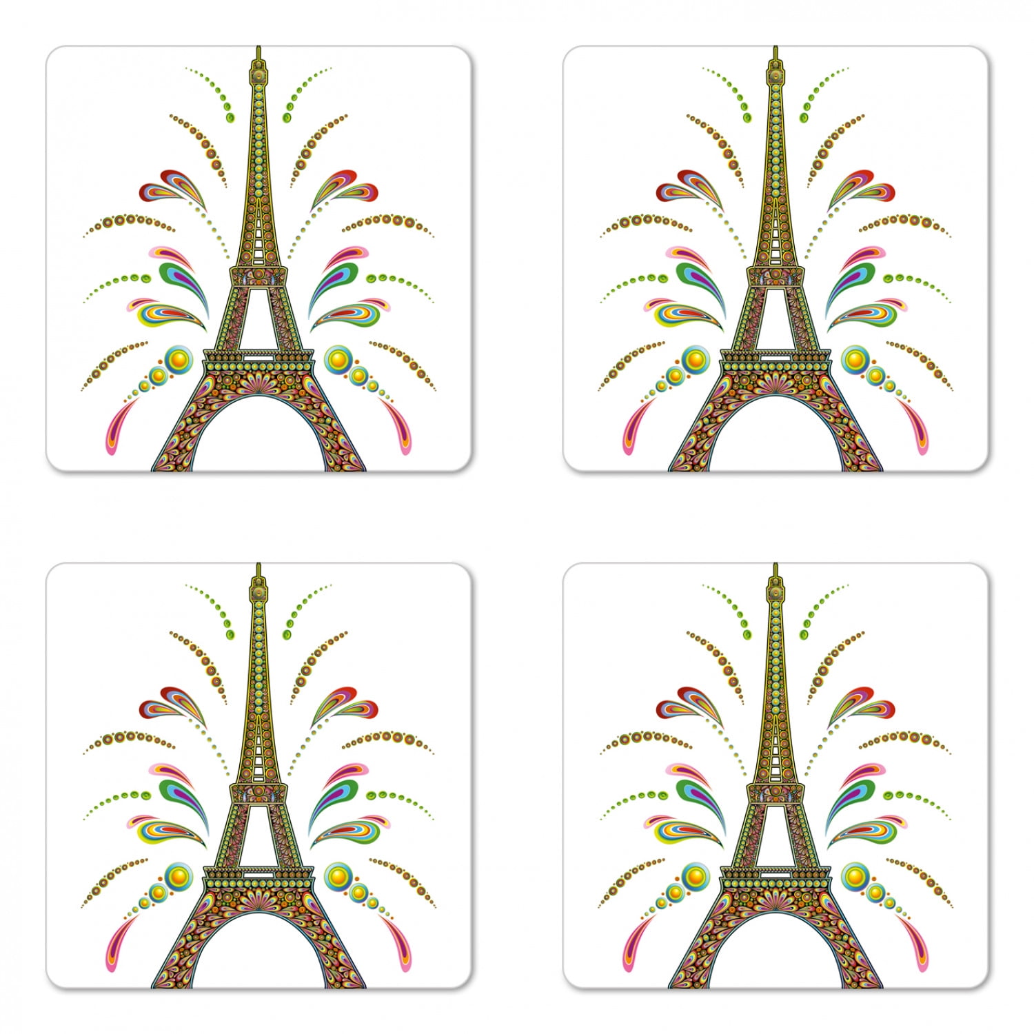 Psychedelic Coaster Set of 4, France Eiffel Tower Abstract Fireworks ...