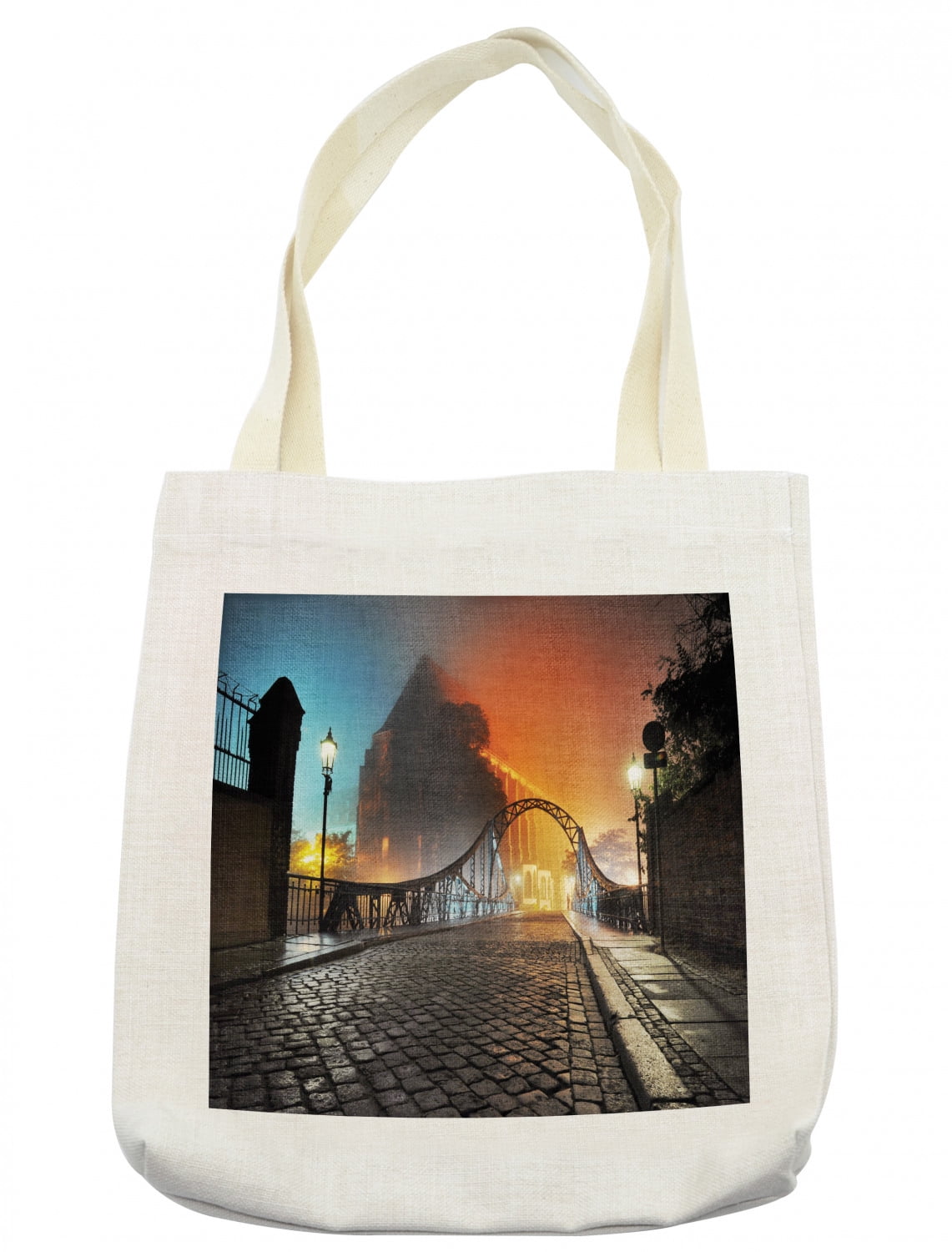 Landscape Tote Bag, Modern City Bridge at Night with Mystical ...