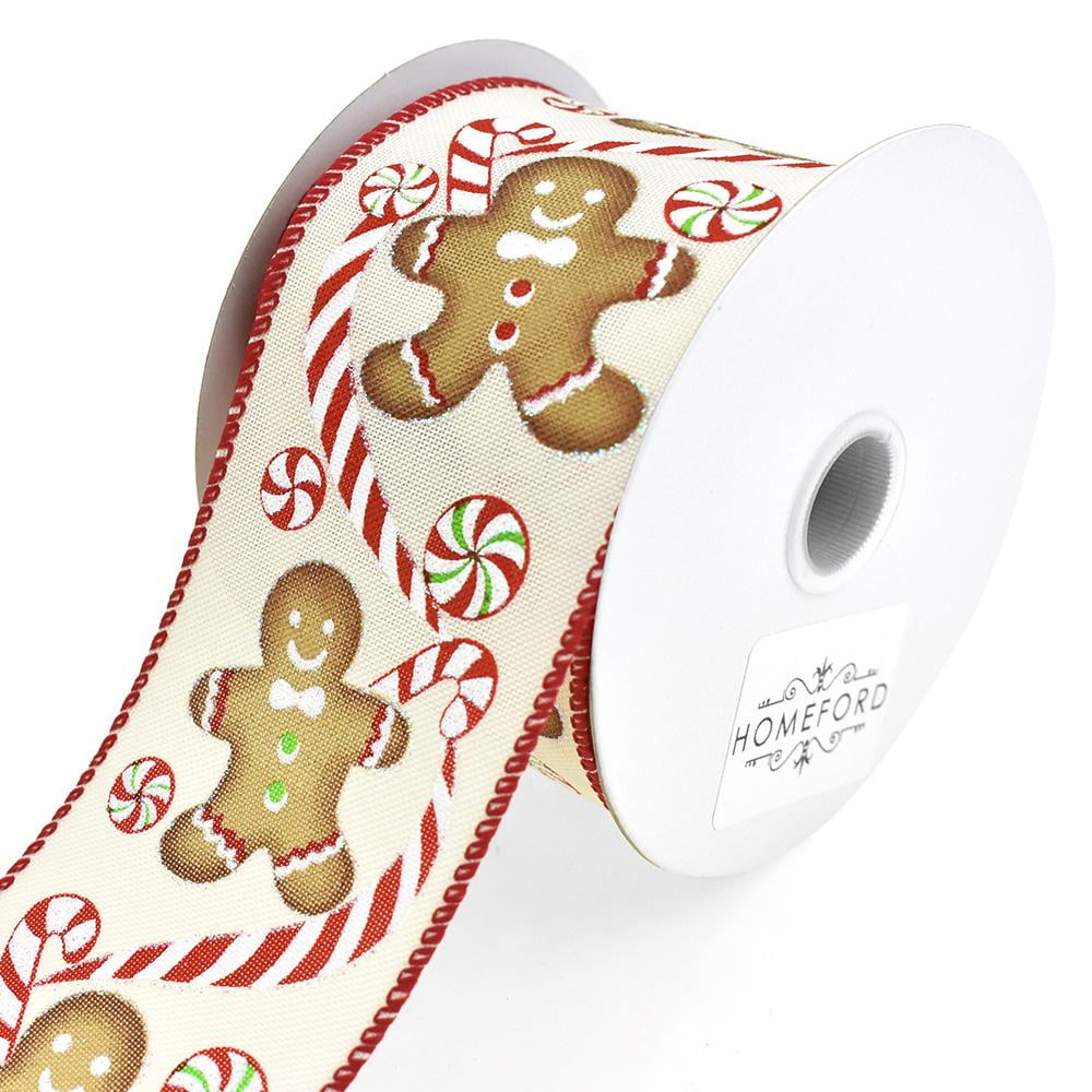 Holiday Gingerbread Man Wired Edge Linen Christmas Ribbon, Ivory, 2-1/2 ...