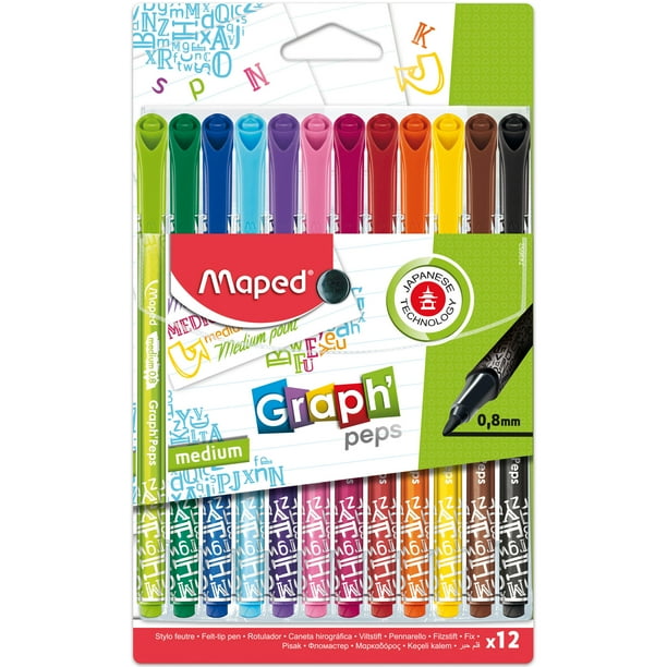 Maped Graph'Peps Medium Tip Triangular Felt Pens in Reusable Case - 12 ...