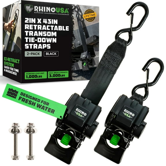 "Rhino USA 2"" x 10' Heavy-Duty Retractable Ratchet Tie Down Straps with Cargo Hooks, Green, 2 ...