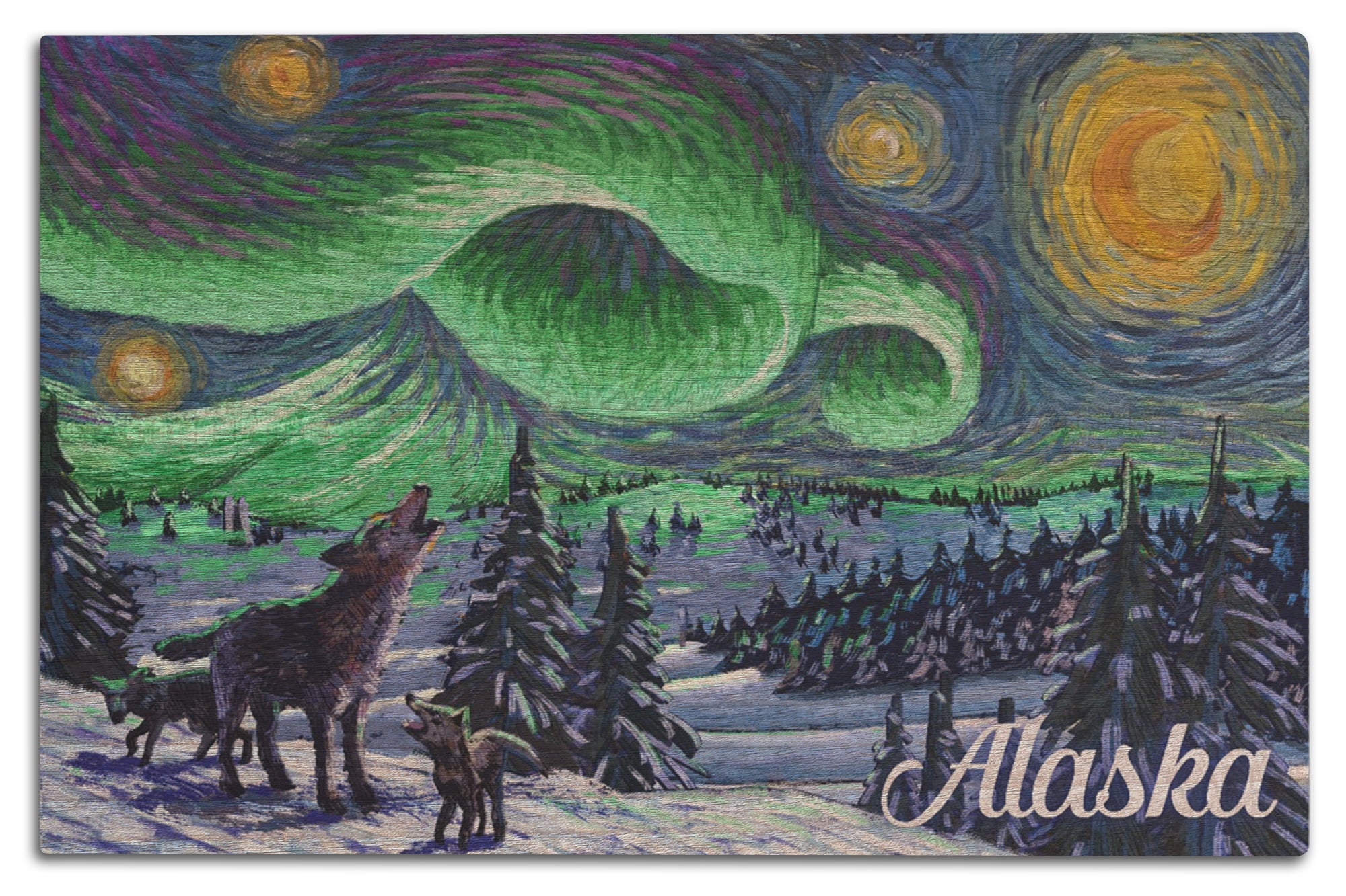 Alaska, Northern Lights with Wolf and Cubs, Starry Night Birch Wood ...