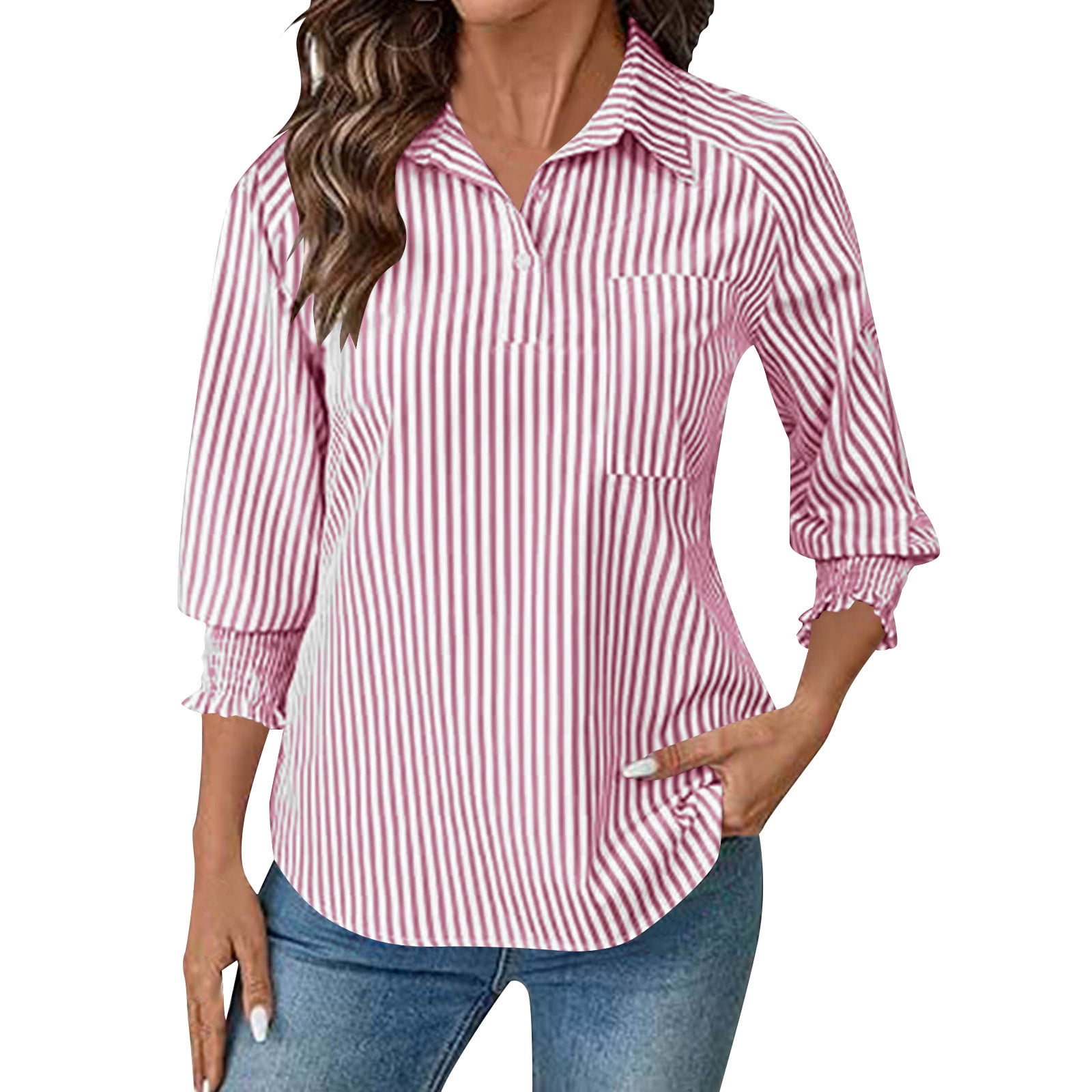 Click here for Sdnall Women Striped 3/4 Sleeve Button Down Shirt... prices