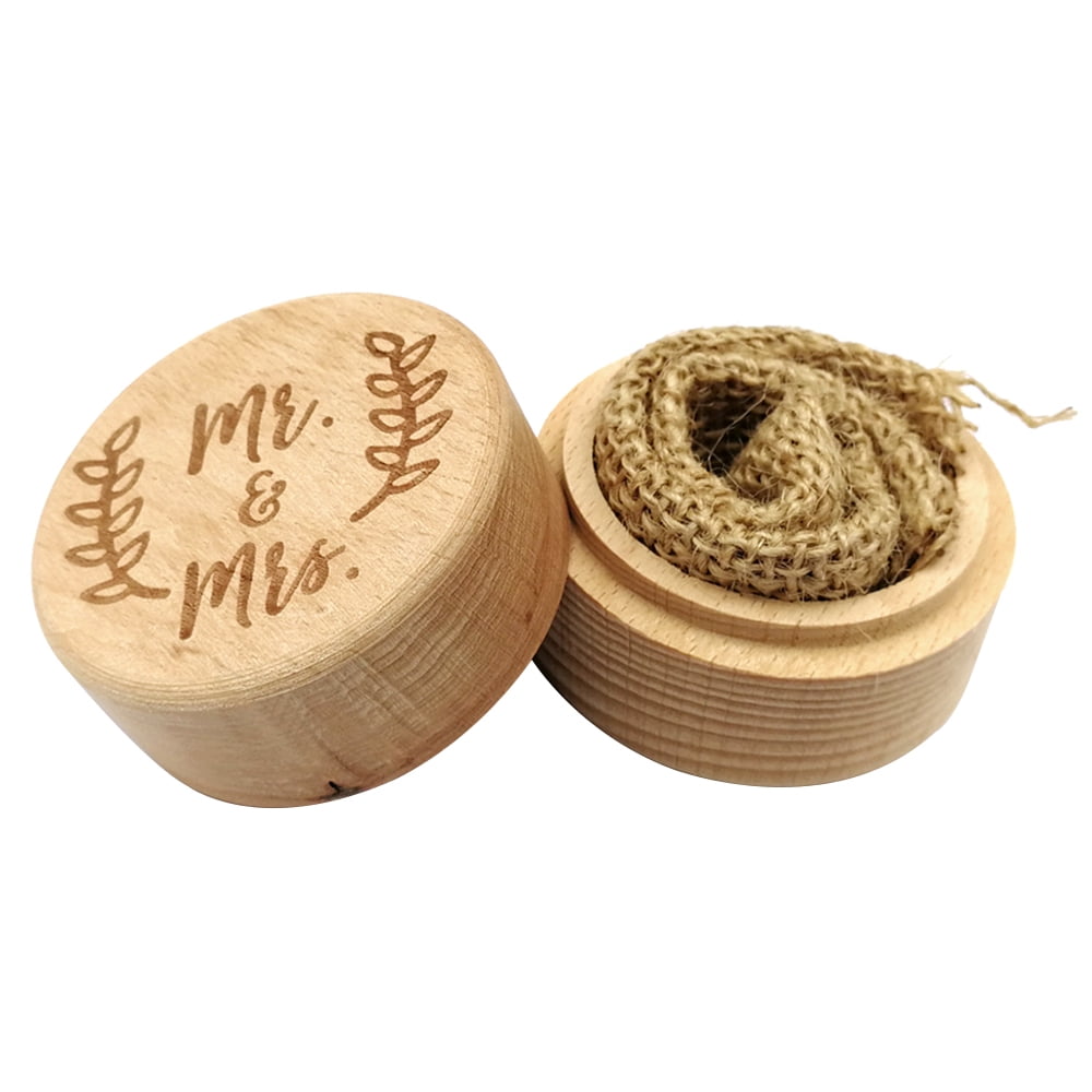 Lifcasual Wooden Round Beech Wedding Ring Box With Letter Mr & Mrs On The Surface 18