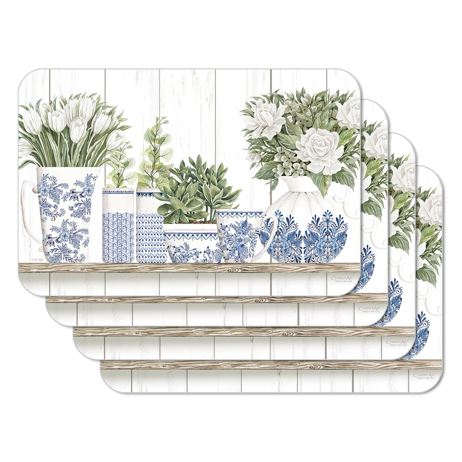 CounterArt "White & Blue Pottery" 4 Pack Reversible Flexible Plastic ...