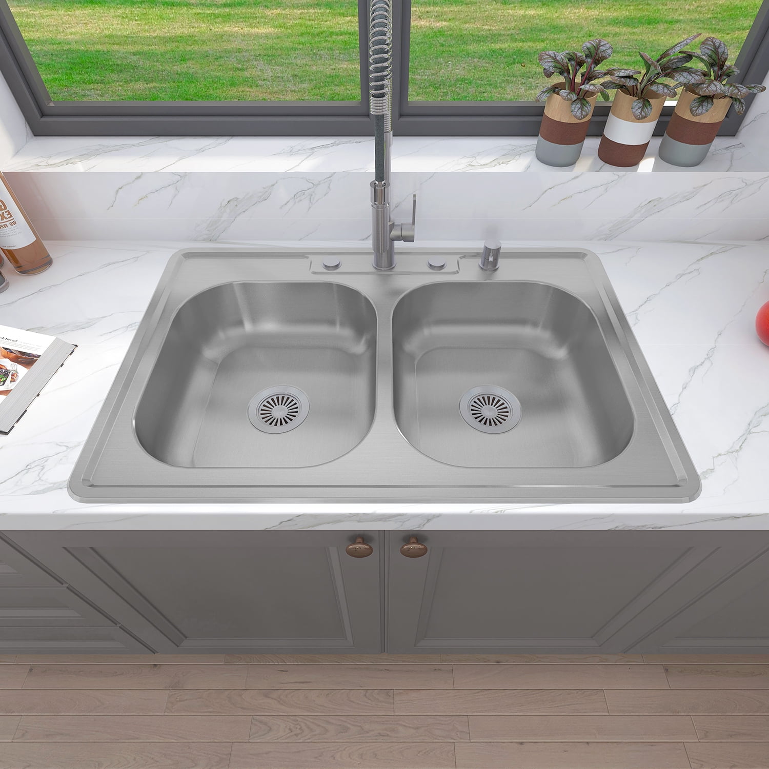 Sinber 33" x 22" x 5.5" Drop In Double Bowl Kitchen Sink with 18 Gauge ...