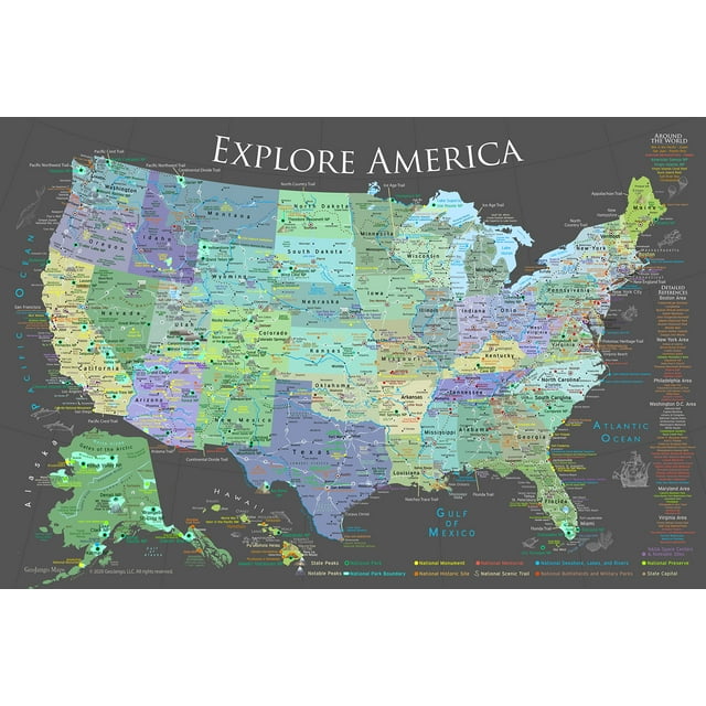 GeoJango US Wall Map Poster With Travel Destinations - Slate (36x24 ...