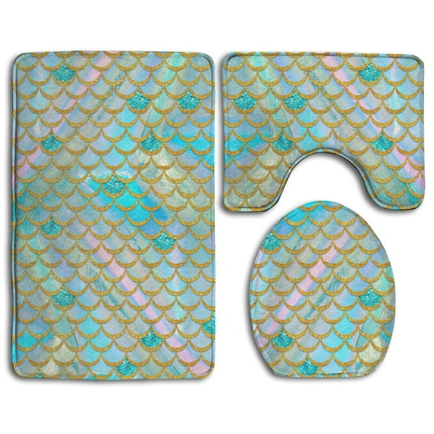 EREHome Watercolor Mermaid Fish Scales 3 Piece Bathroom Rugs Set Bath ...