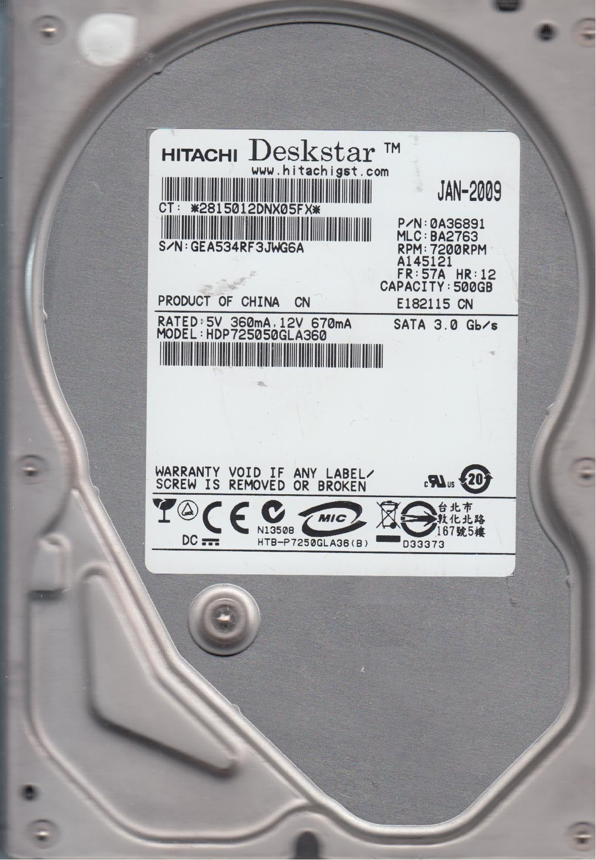 HDP725050GLA360, PN 0A36891, MLC BA2763, Hitachi 500GB SATA 3.5 Hard ...