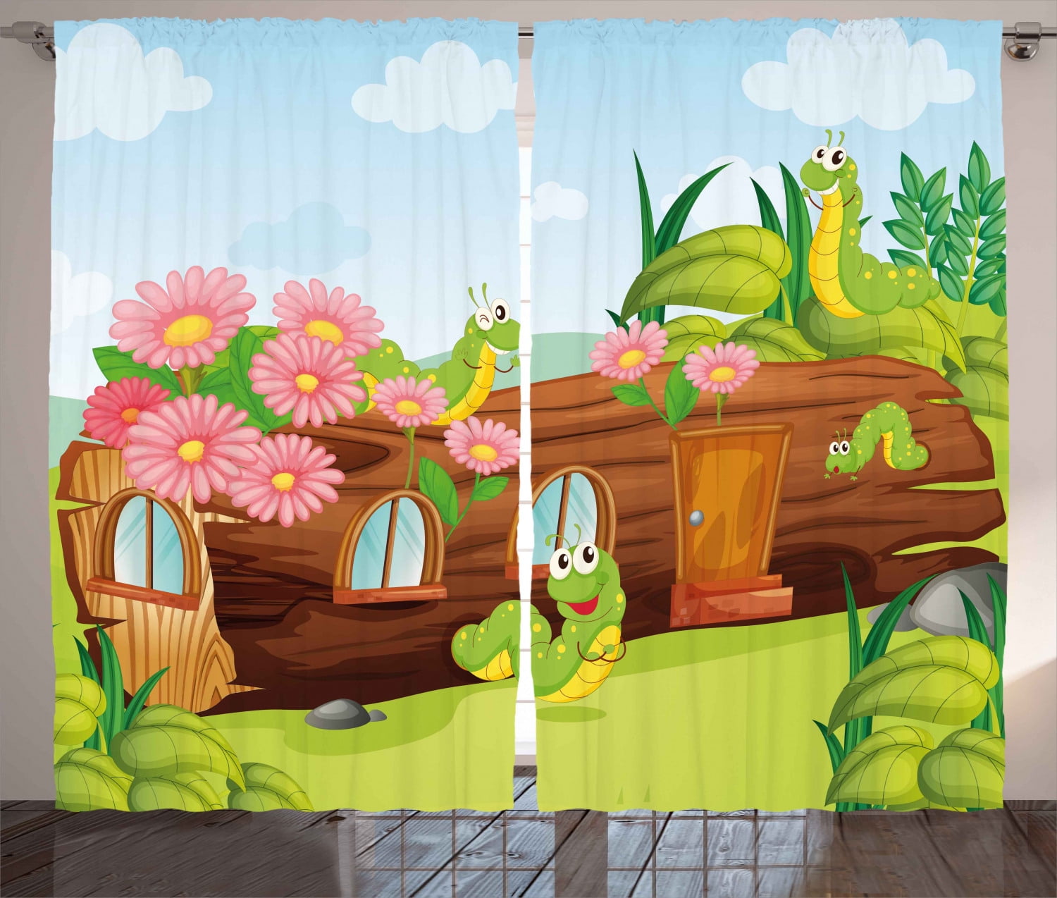 Kids Decor Curtains 2 Panels Set, Cute Friendly Smiling Worms in a ...