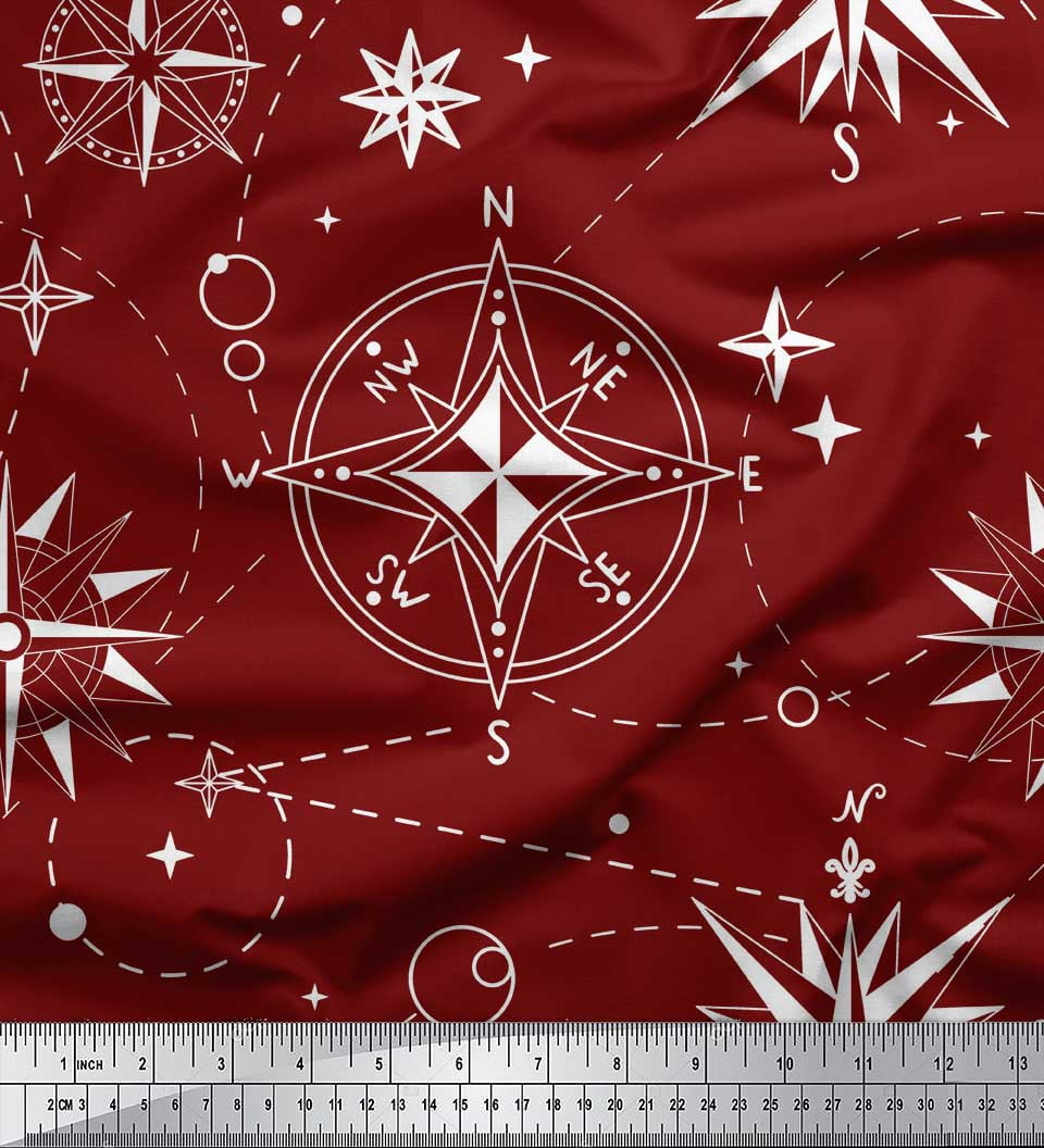 Soimoi Red Georgette Viscose Fabric Direction Compass Nautical Print ...