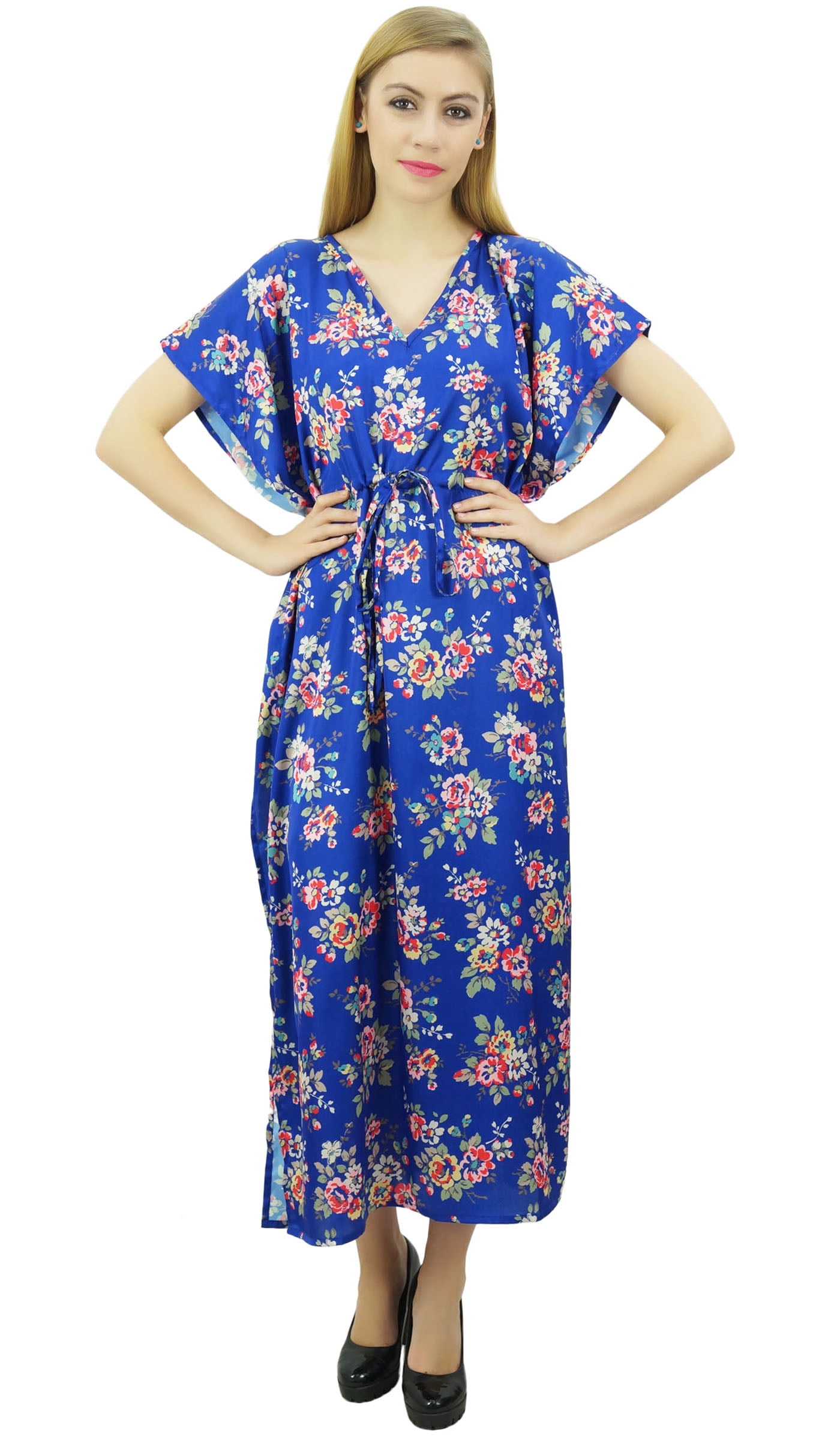 Bimba Women's Long Satin Maxi Drawstring Floral Kaftan Kimono Blue Gown ...